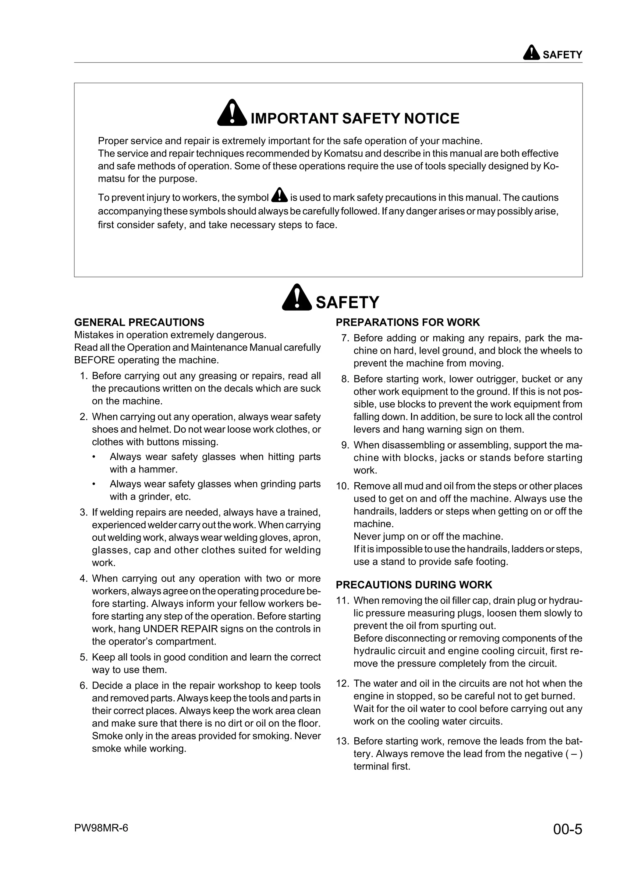 Komatsu pw98 mr 6 hydraulic excavator service repair manual sn f00003 ...