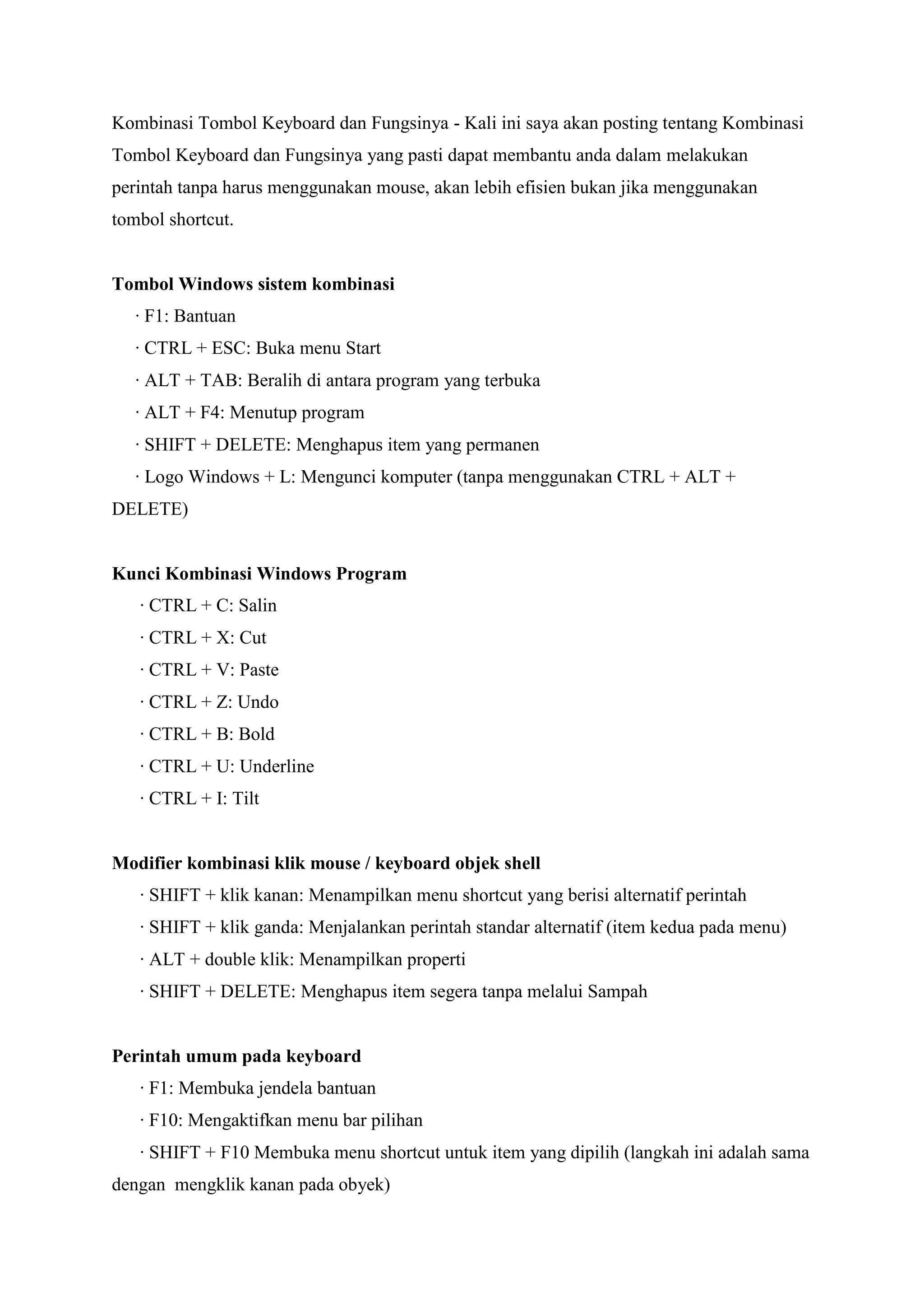 Kombinasi tombol keyboard dan fungsinya | PDF