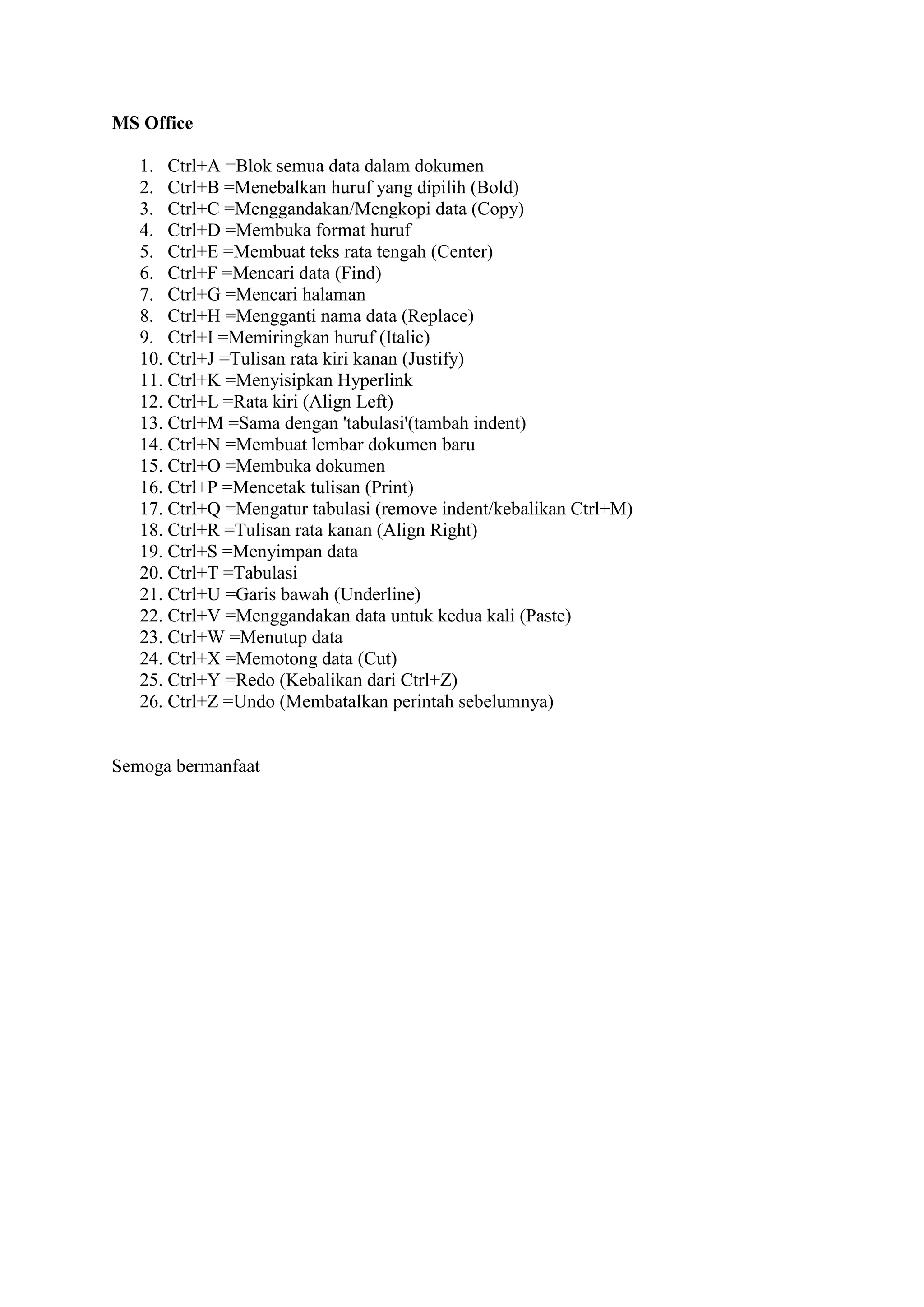 Kombinasi tombol keyboard dan fungsinya pada ms.office (ctrl a z) | DOCX