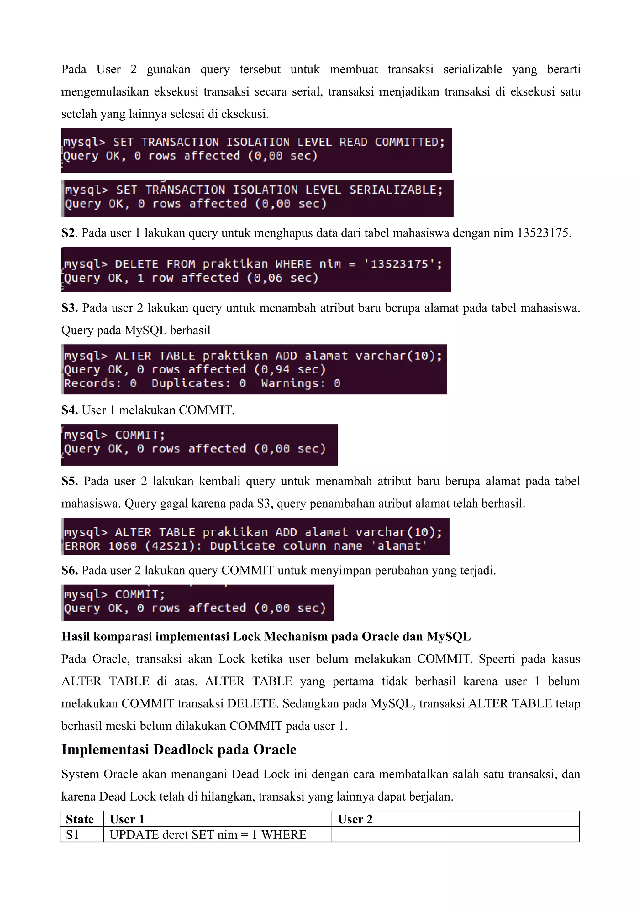 Modul Komparasi Locking Mechanism dan Deadlock Pada Oracle dan MySQL | PDF