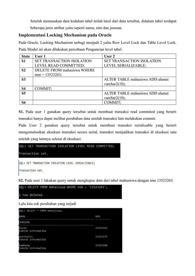 Modul Komparasi Locking Mechanism dan Deadlock Pada Oracle dan MySQL | PDF