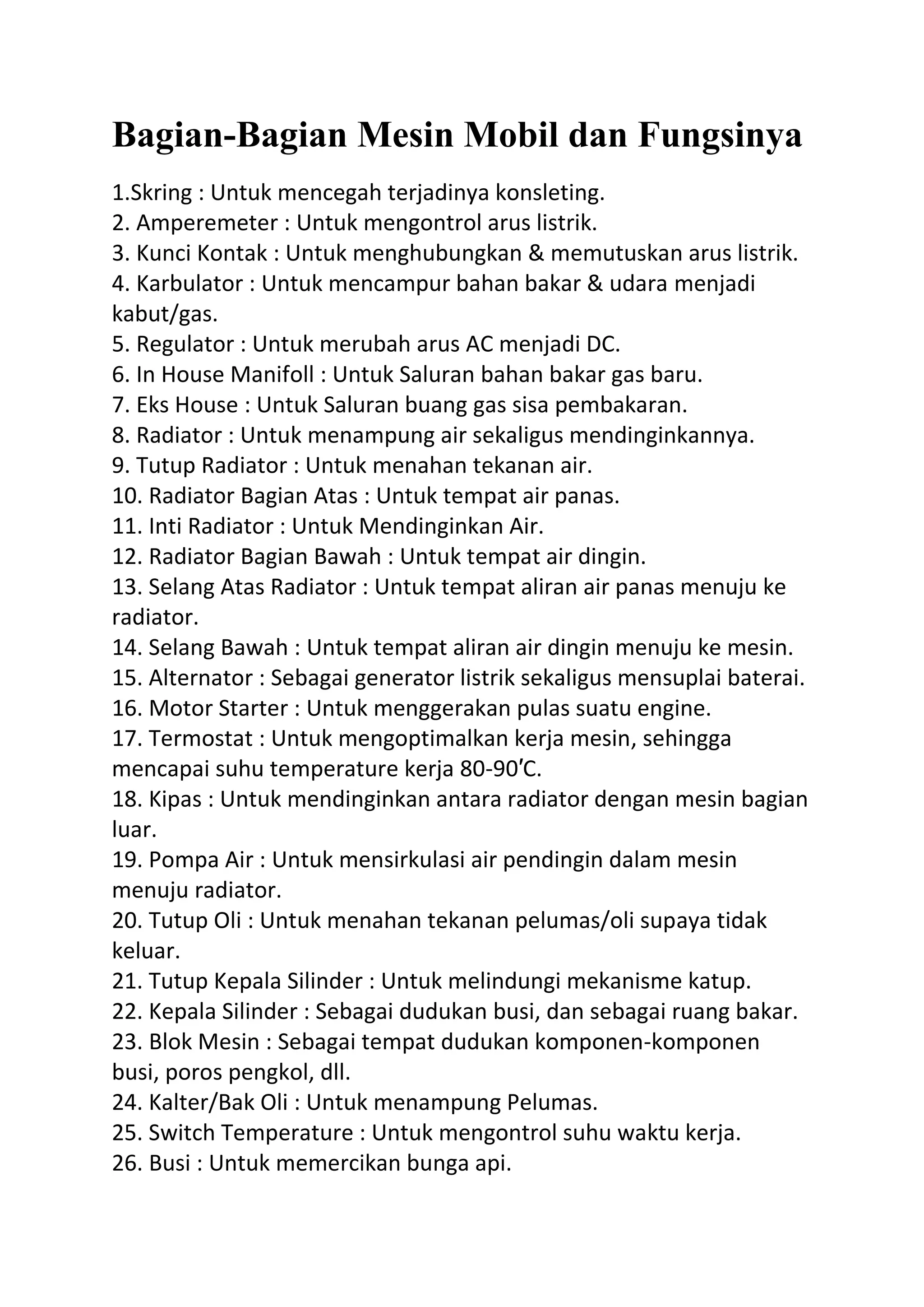 Komponen mobil dan fungsi nya. | DOCX