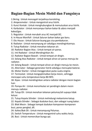 Komponen mobil dan fungsi nya. | DOCX