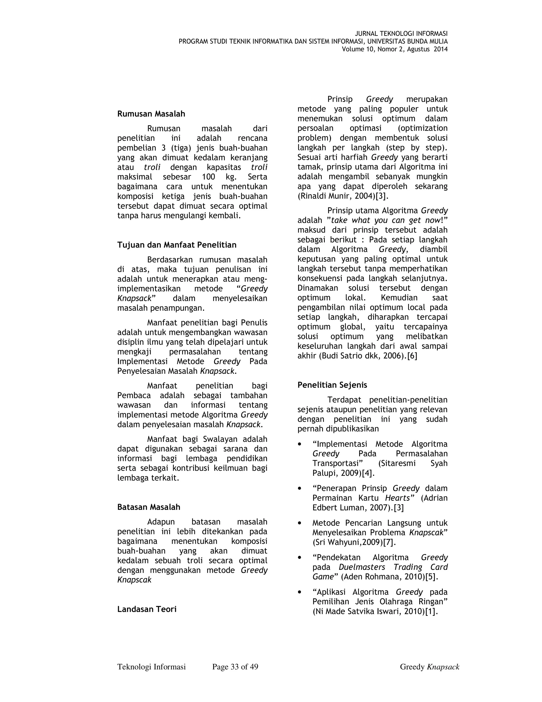 PENERAPAN METODE GREEDY KNAPSACK DALAM MENENTUKAN KOMPOSISI BUAH PADA MASALAH KERANJANG | PDF