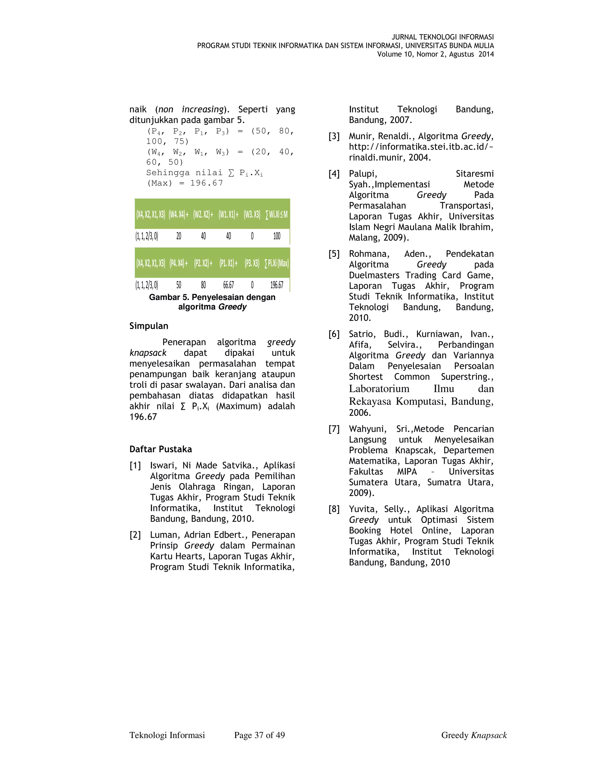 PENERAPAN METODE GREEDY KNAPSACK DALAM MENENTUKAN KOMPOSISI BUAH PADA MASALAH KERANJANG | PDF