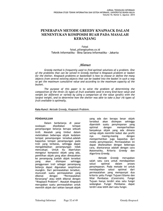 PENERAPAN METODE GREEDY KNAPSACK DALAM MENENTUKAN KOMPOSISI BUAH PADA MASALAH KERANJANG | PDF