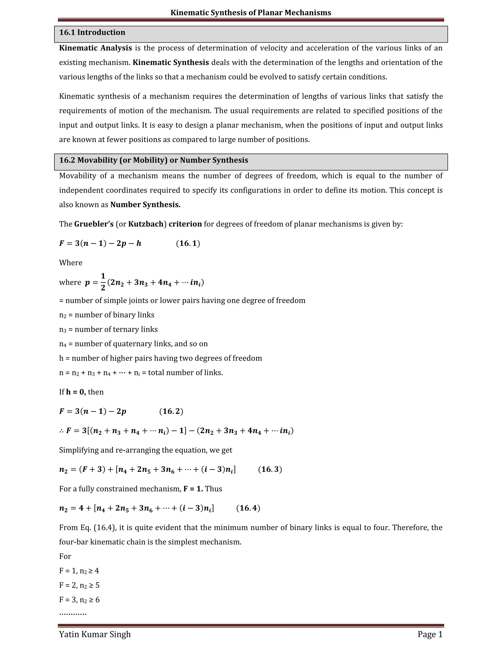 Kinematic Synthesis | PDF