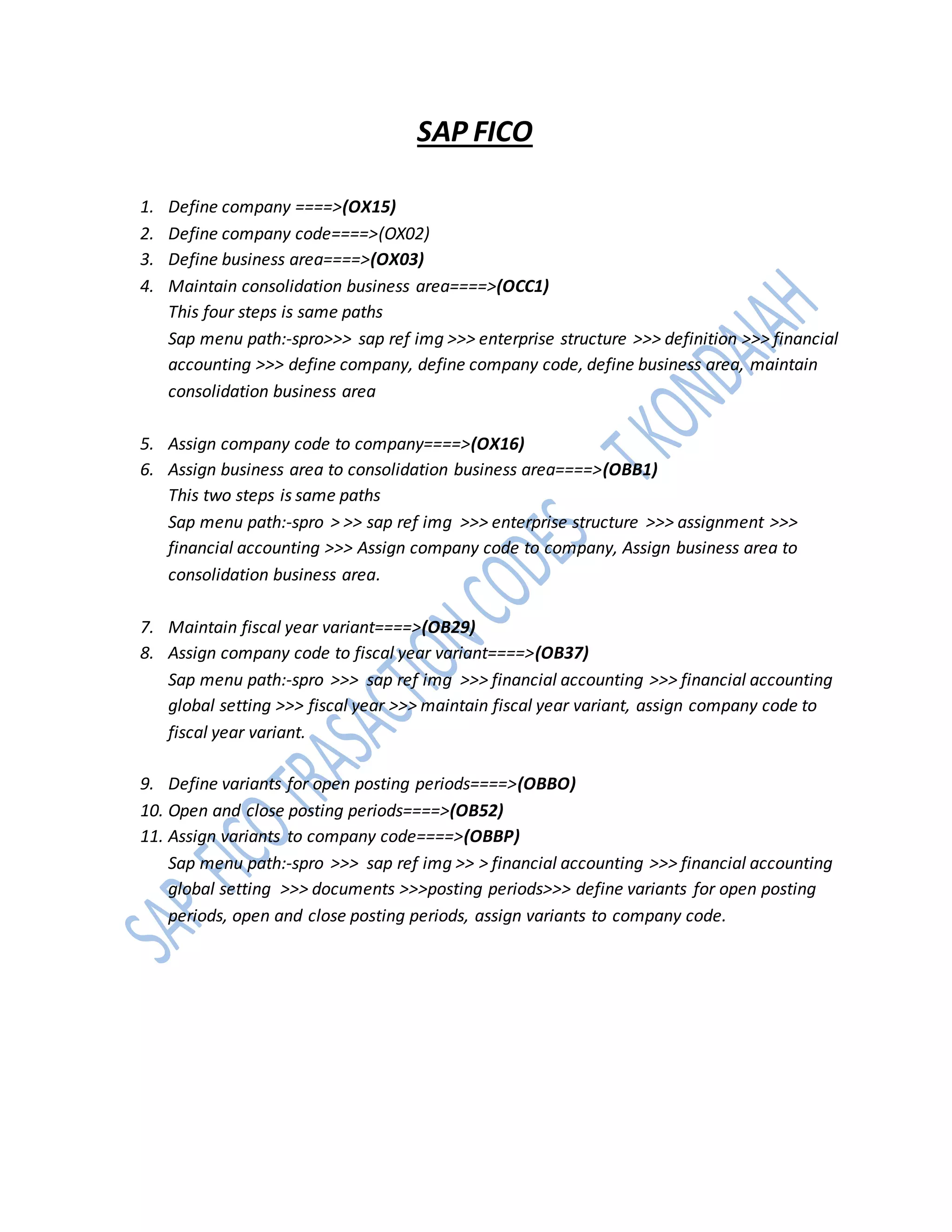 SAP FICO T CODES T KONDAIAH | DOCX