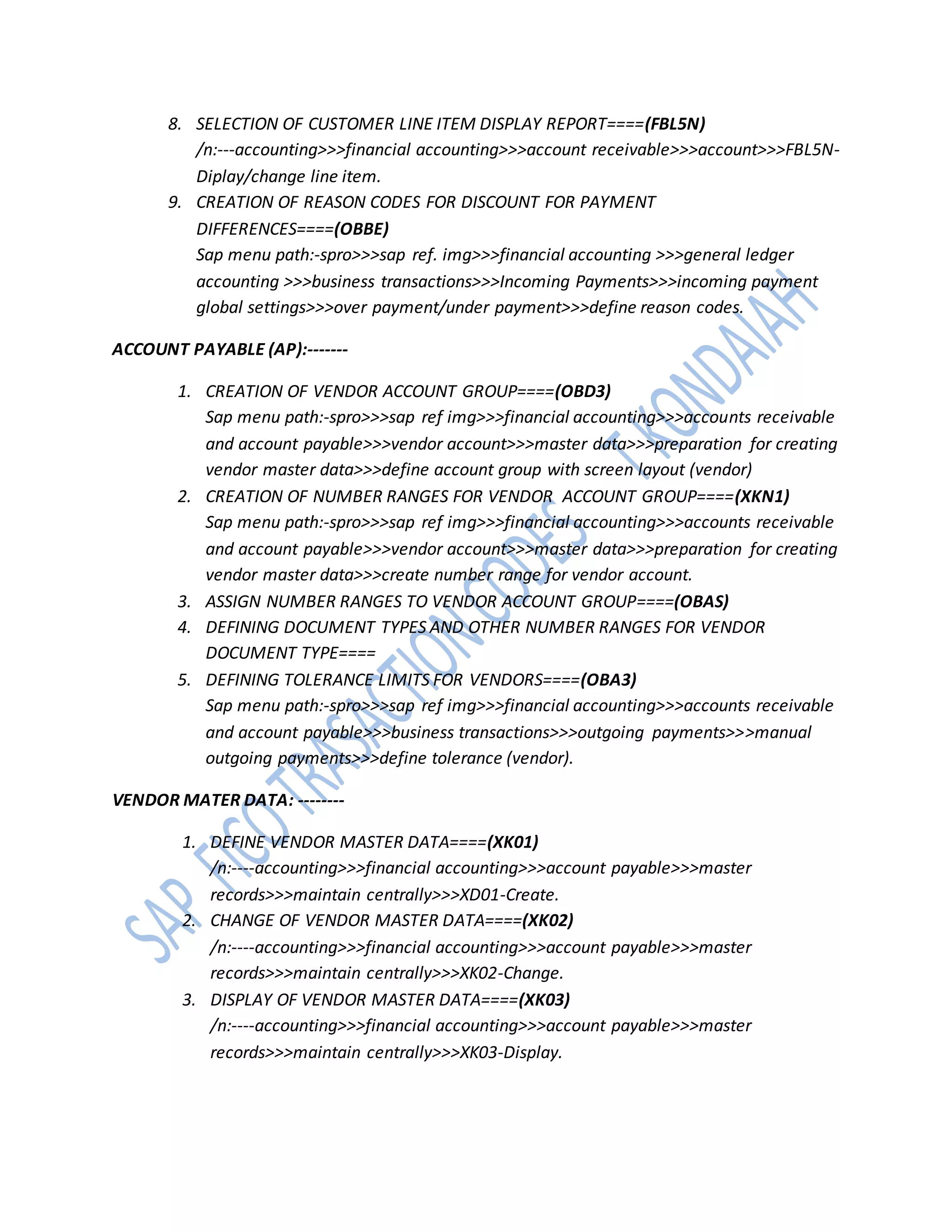 SAP FICO T CODES T KONDAIAH | DOCX