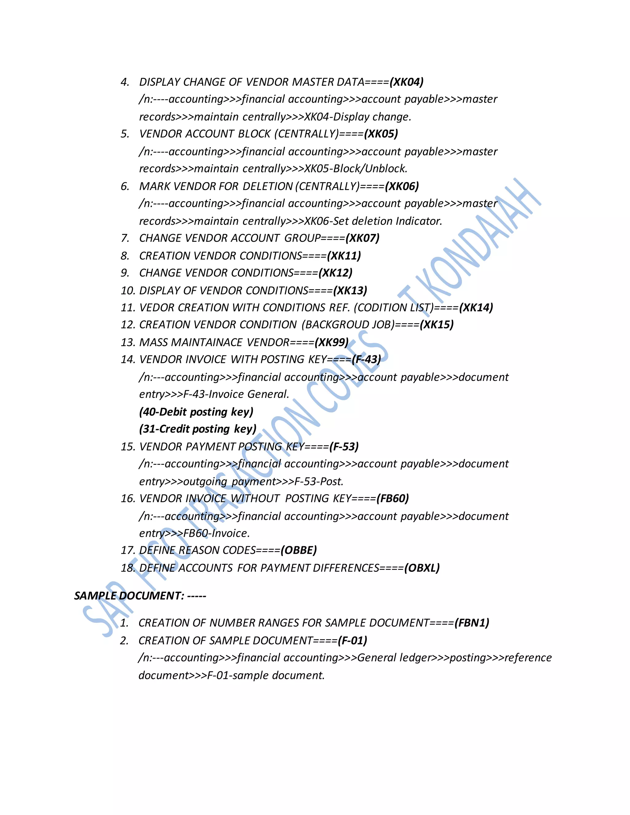 SAP FICO T CODES T KONDAIAH | DOCX