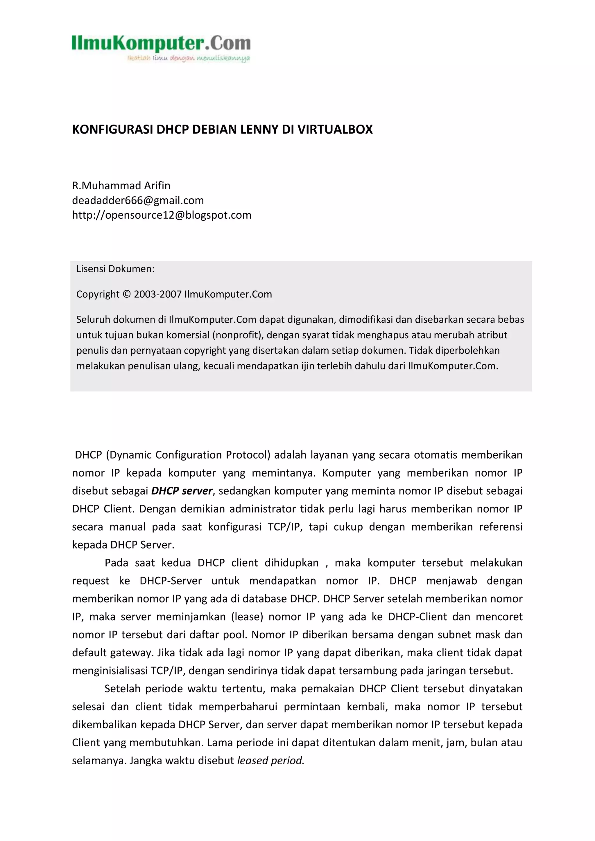 Konfigurasi dhcp (linux debian) | PDF