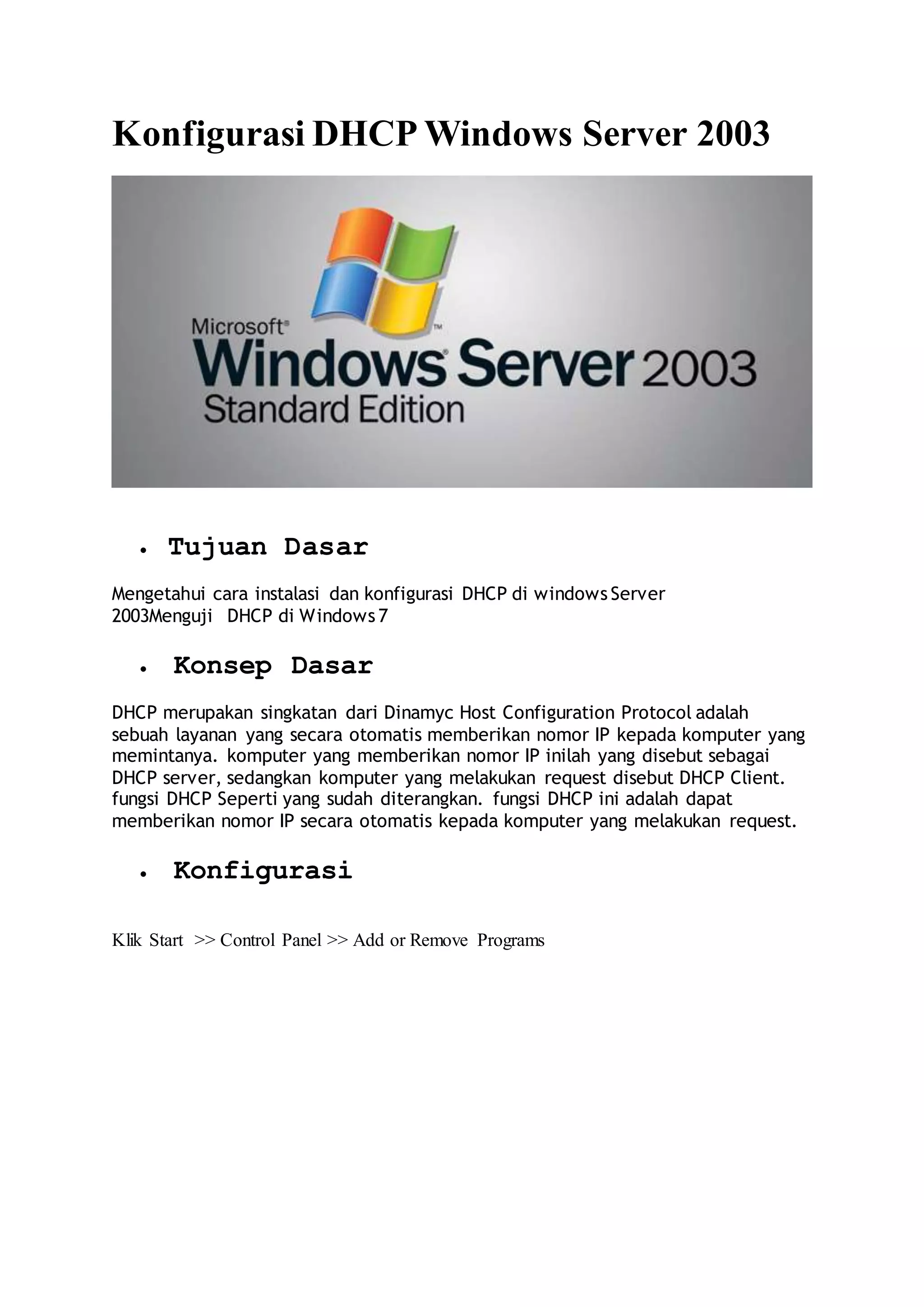Konfigurasi dhcp windows server 2003 | PDF