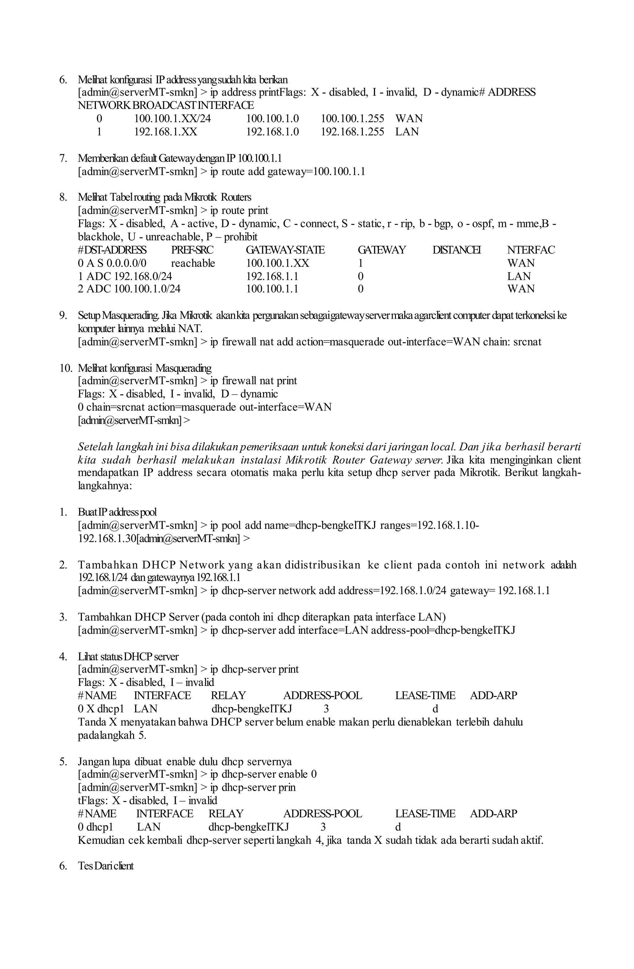 Konfigurasi pc router mikrotik berbasis teks | DOCX