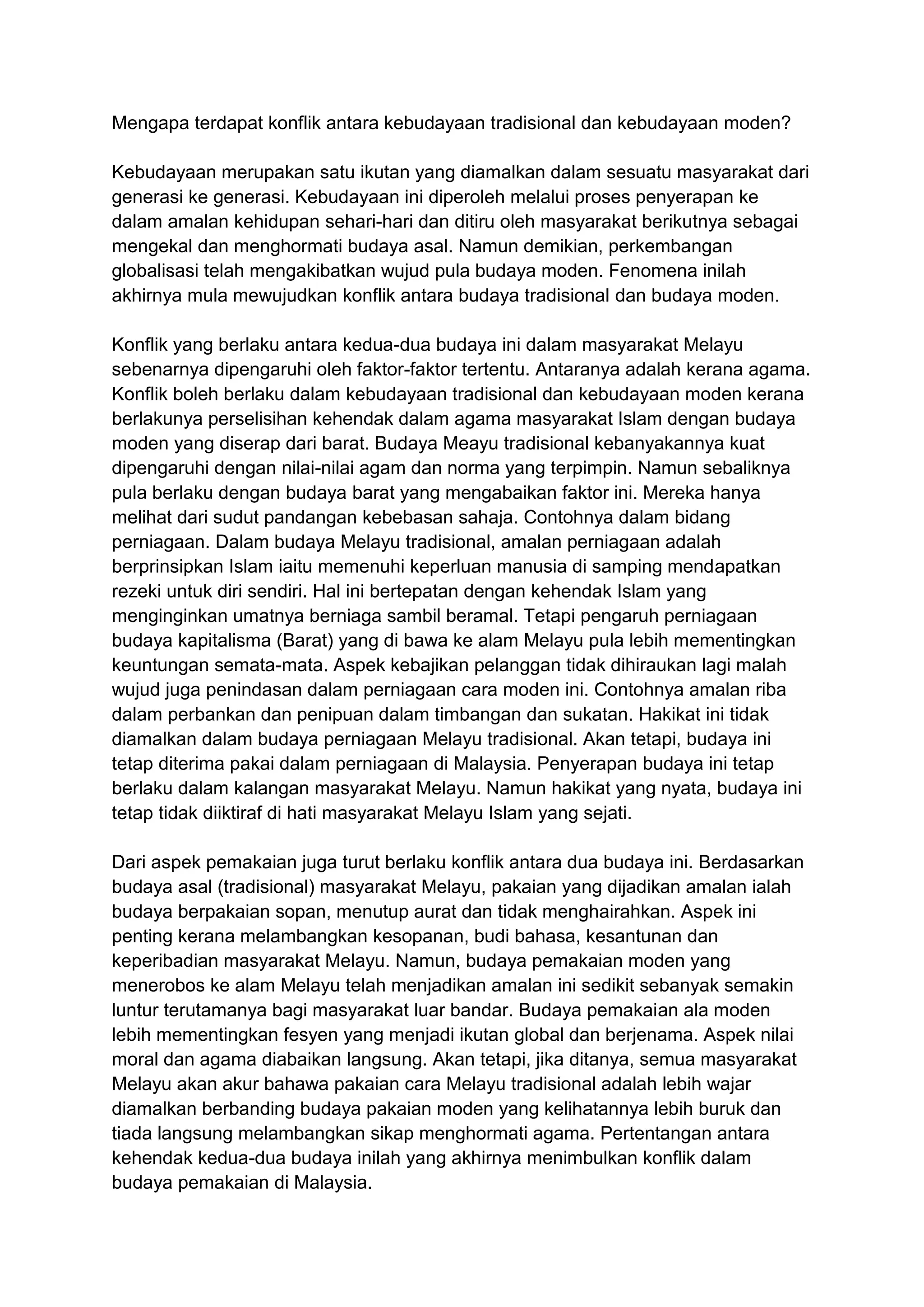 Konflik antara kebudayaan tradisional dan kebudayaan moden | DOCX