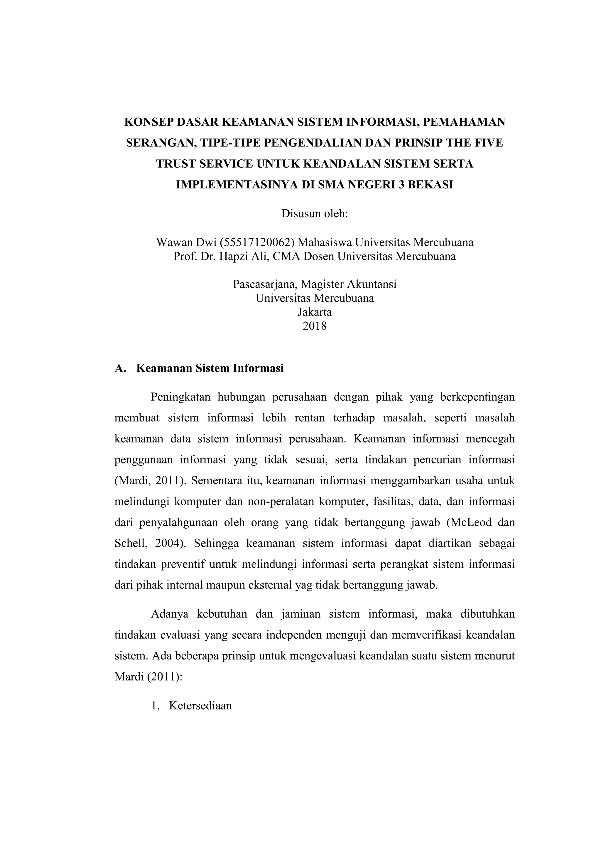 SI PI, Wawan Dwi Hadisaputro, Hapzi Ali, Konsep dasar keamanan sistem informasi, Universitas ...