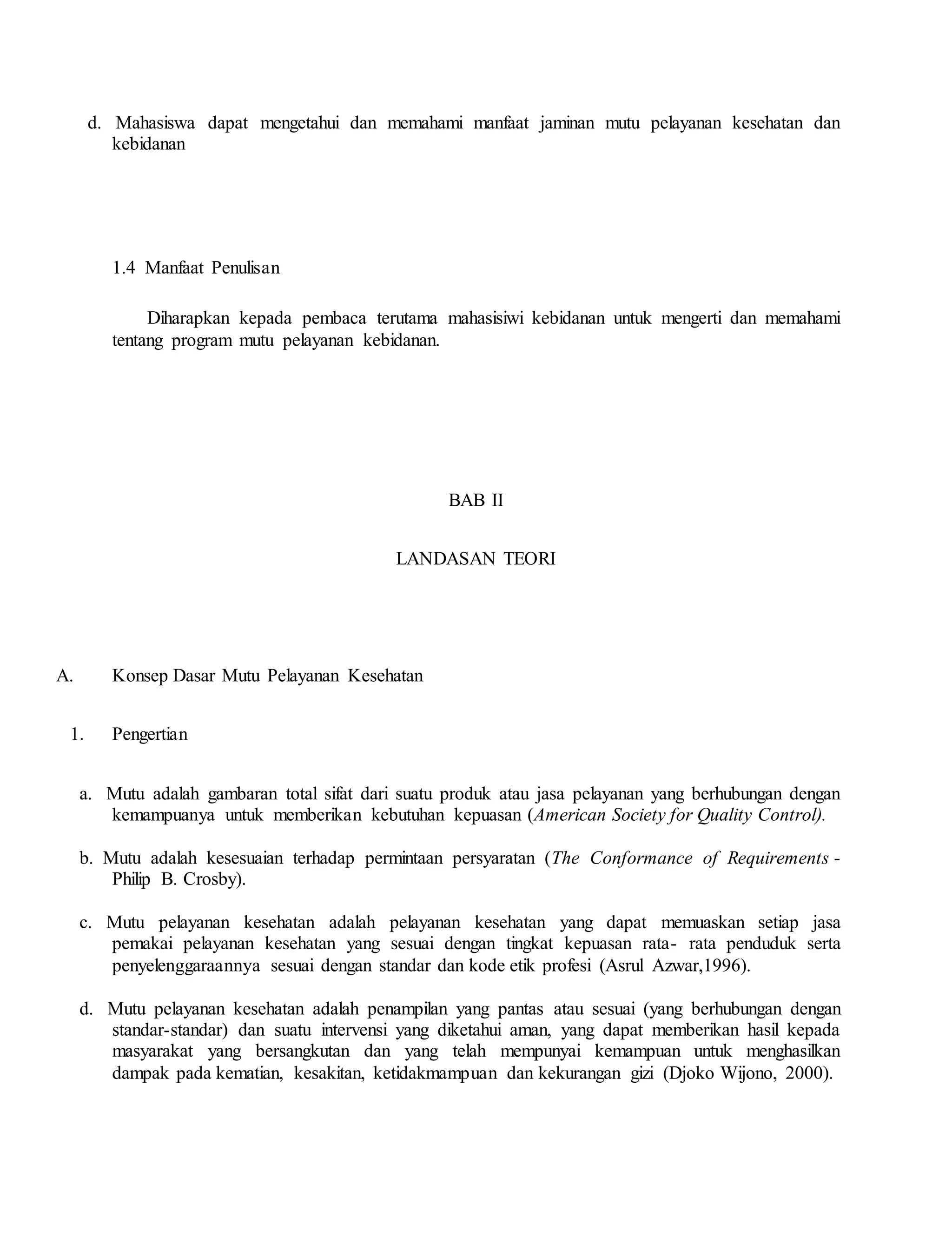 Konsep dasar mutu pelayanan kesehatan dan kebidanan | DOCX