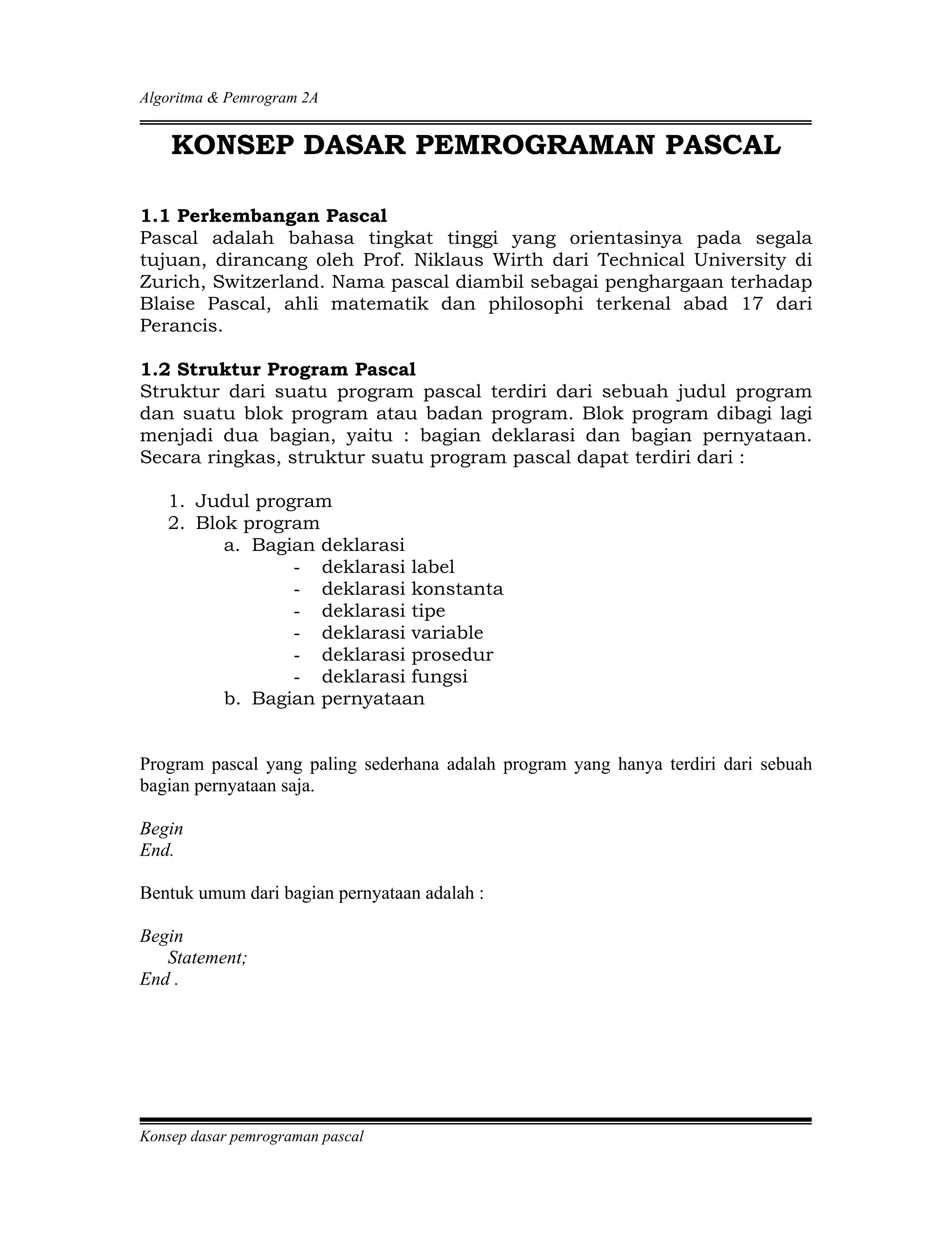 Konsep dasar pemrograman pascal | PDF