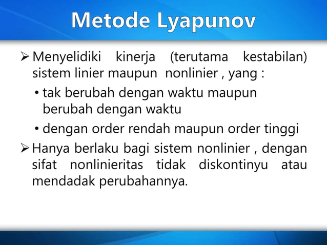 Konsep kestabilan sistem non linear dan metode lyapunov | PPTX