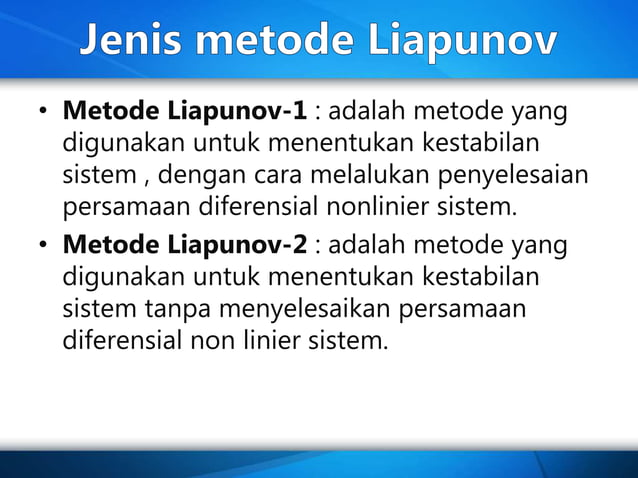Konsep kestabilan sistem non linear dan metode lyapunov | PPTX