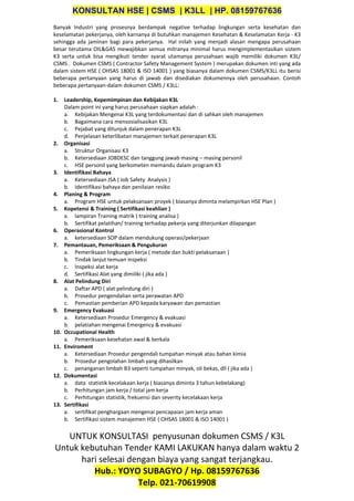 KONSULTAN HSE | JASA CONSULTANT CSMS | K3LL | HSE PLAN | KONSULTAN MURAH | HP. 0815 9767636 | PDF