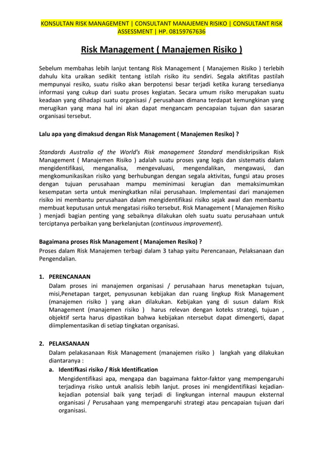 KONSULTAN RISK MANAGEMENT | CONSULTANT MANAJEMEN RISIKO | CONSULTANT RISK ASSESSMENT | HP ...