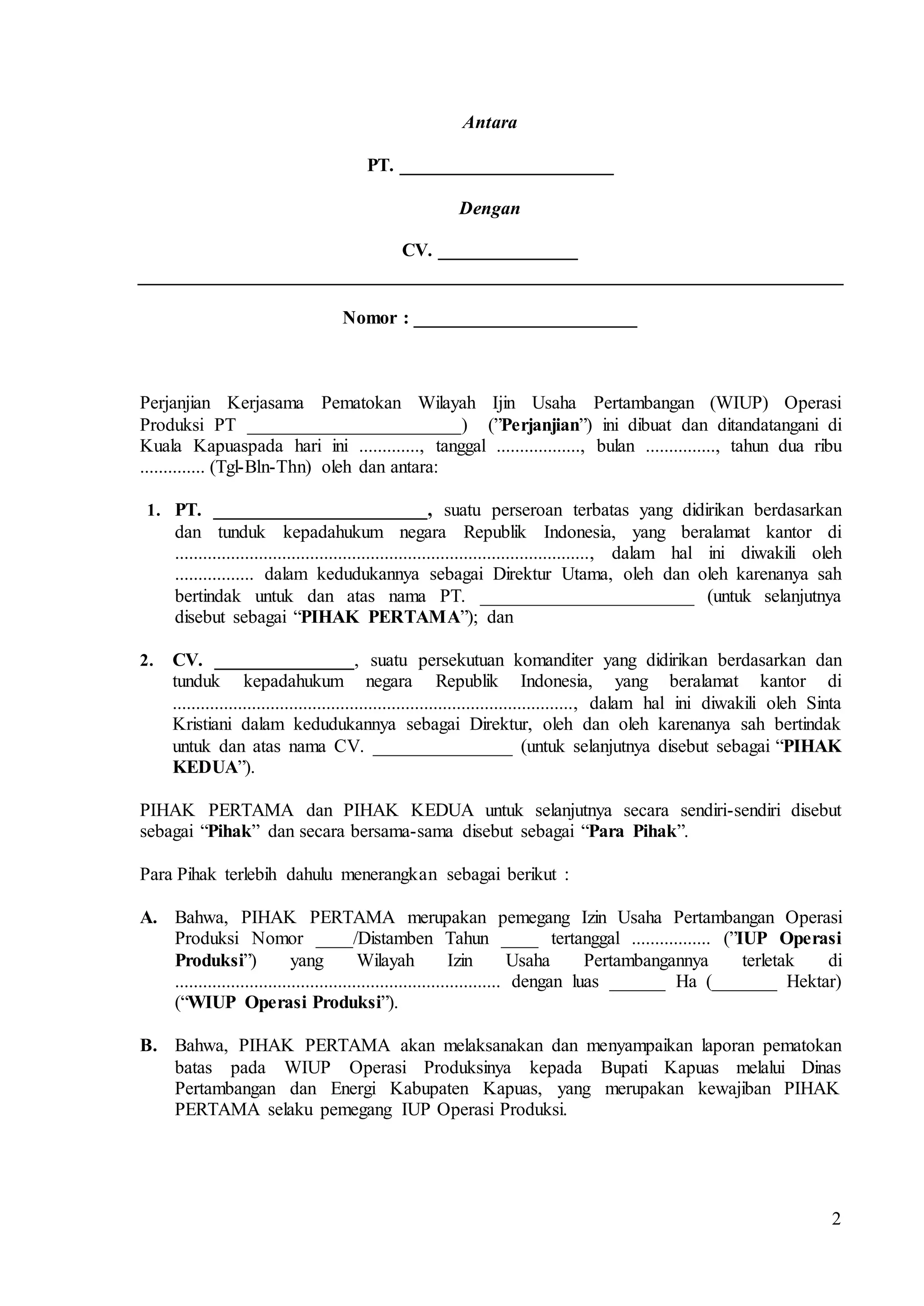 Contoh Kontrak Pematokan WIUPH Terbaru (Beli Perjanjian, Hub ...