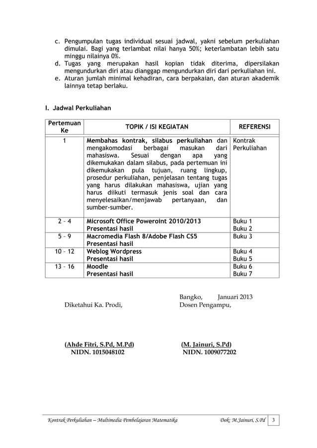 Kontrak Perkuliahan Multimedia Pembelajaran Matematika | PDF