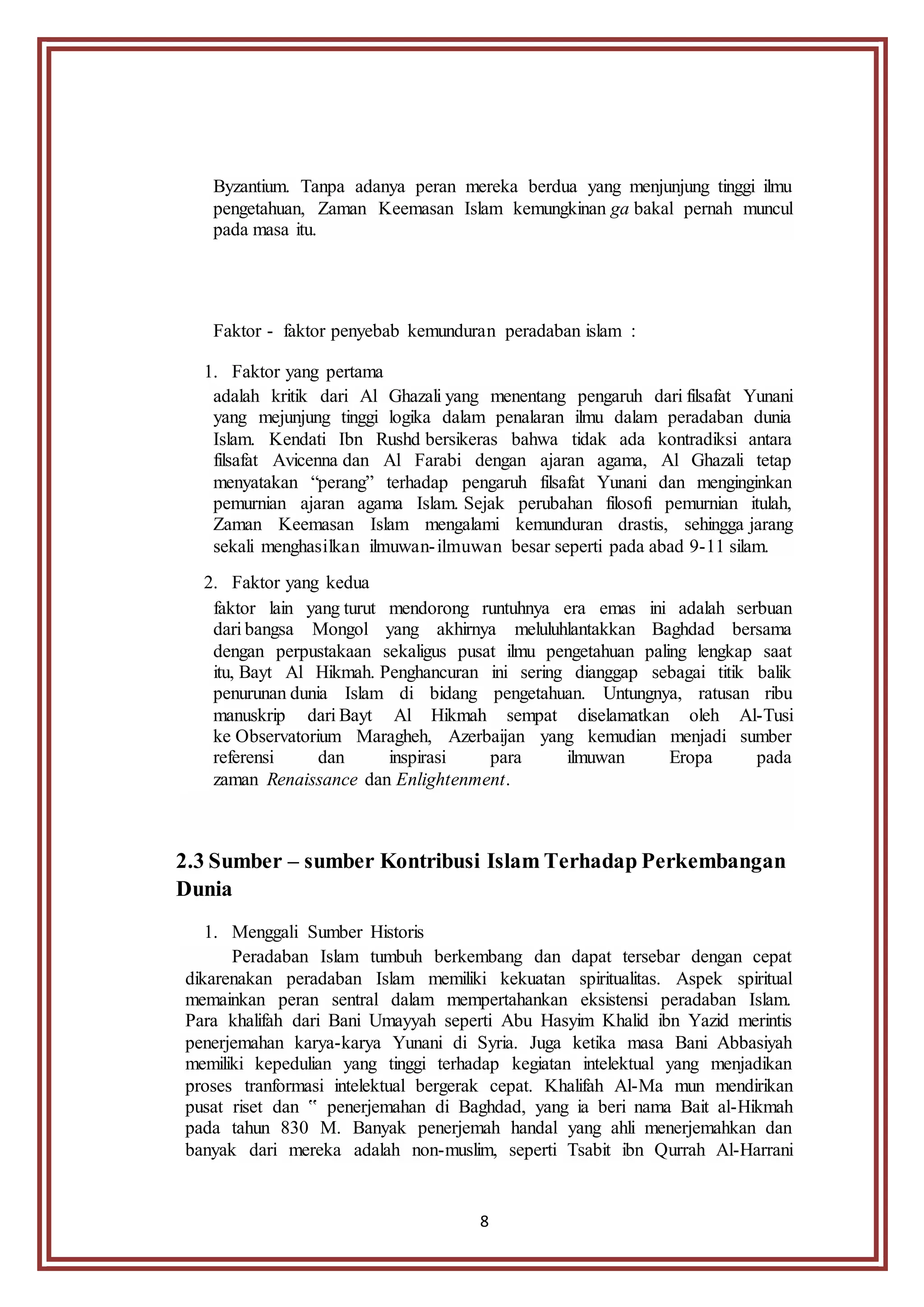 Kontribusi islam dalam pengembangan peradaban dunia | DOCX