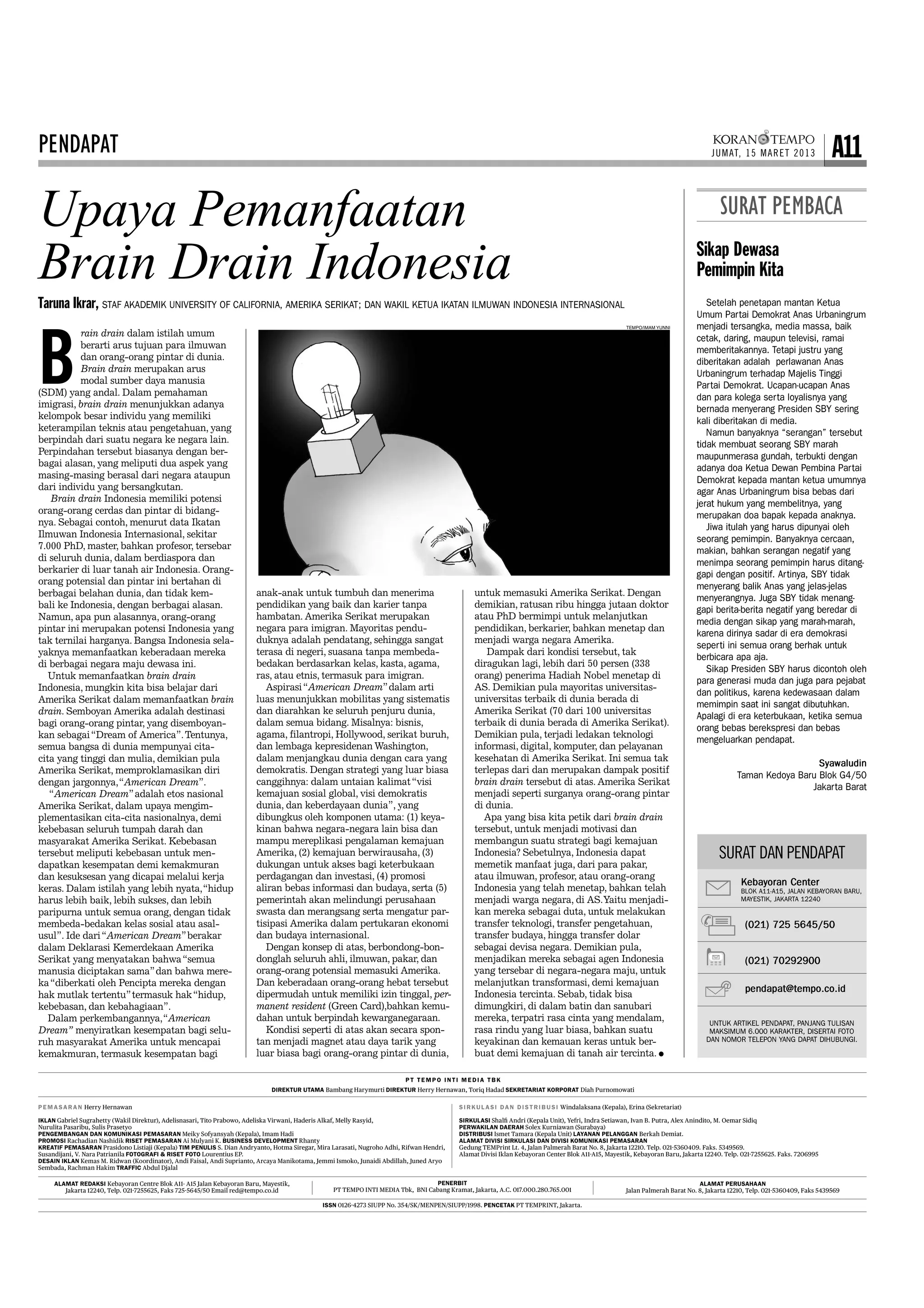 Koran tempo 15 maret 2013 hal 11 opini (upaya pemanfaatan brain drain indonesia) | PDF