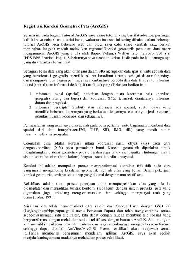 Koreksi geometrik peta (arc gis) registrasi | DOCX