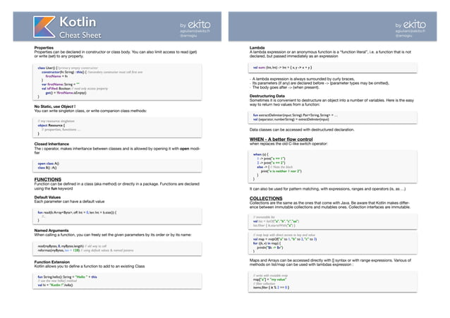 Kotlin cheat sheet by ekito | PDF | Programming Languages | Computing