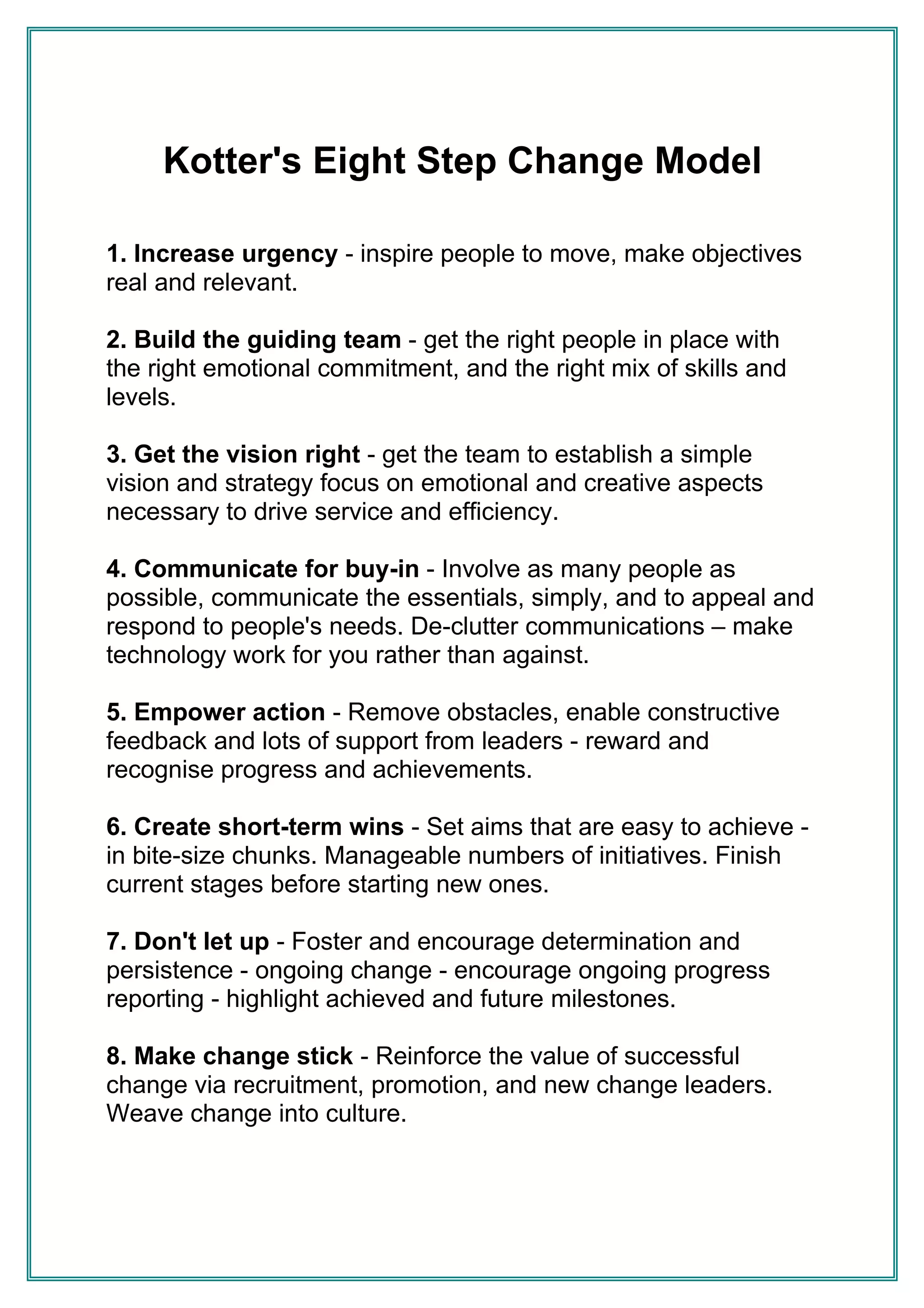 Kotter Eight Step Plan | DOC | Business | Business and Finance