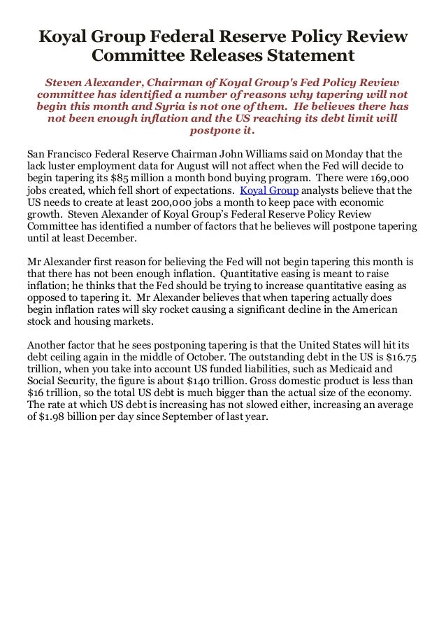 Koyal Group Federal Reserve Policy Review Committee Releases Statement