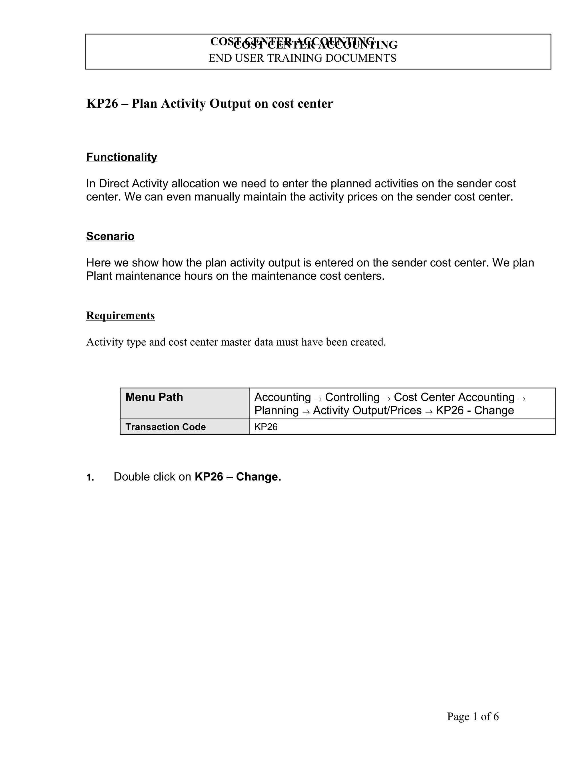 Kp26 Plan Activity Output On Cost Center | DOC