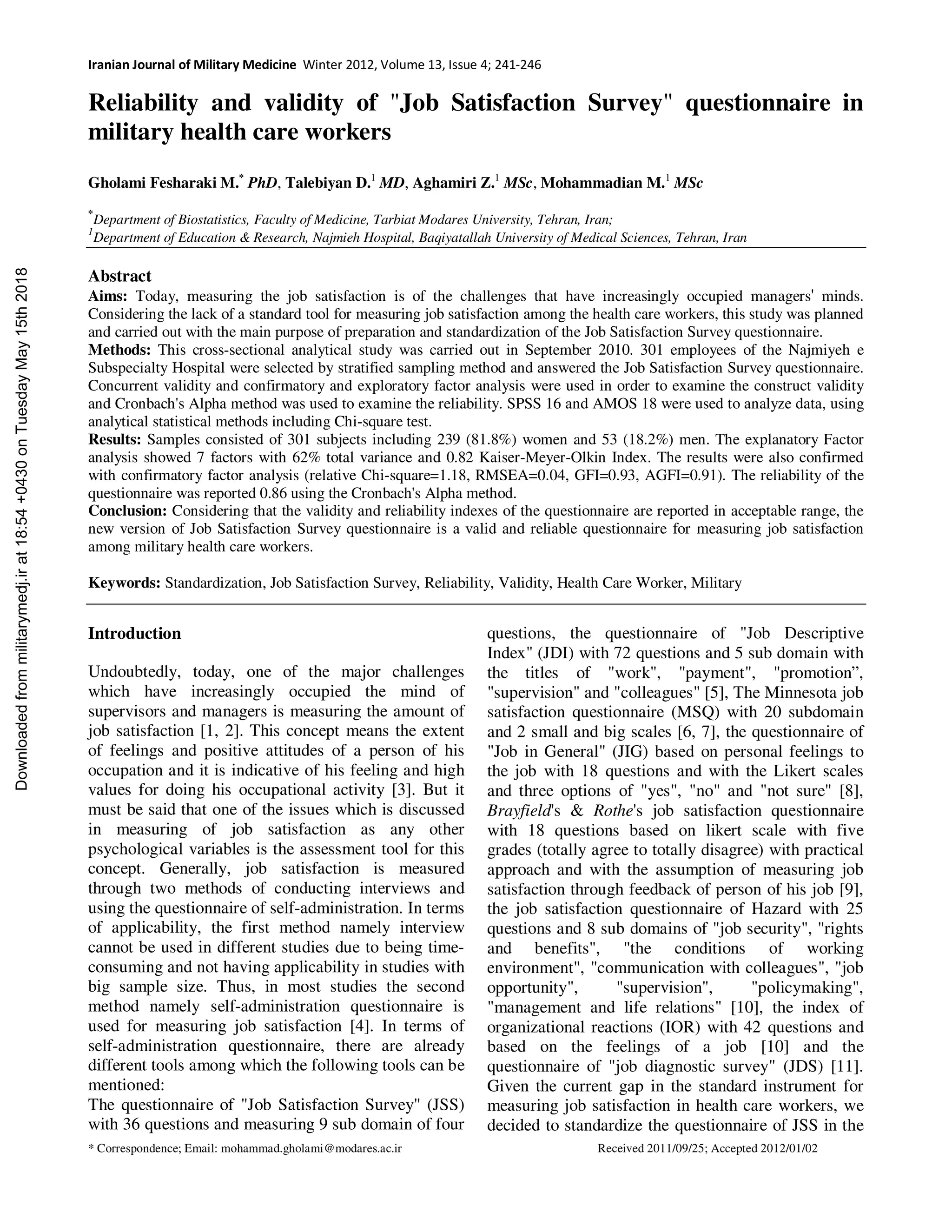 Reliability and validity of jss questionnaire | PDF