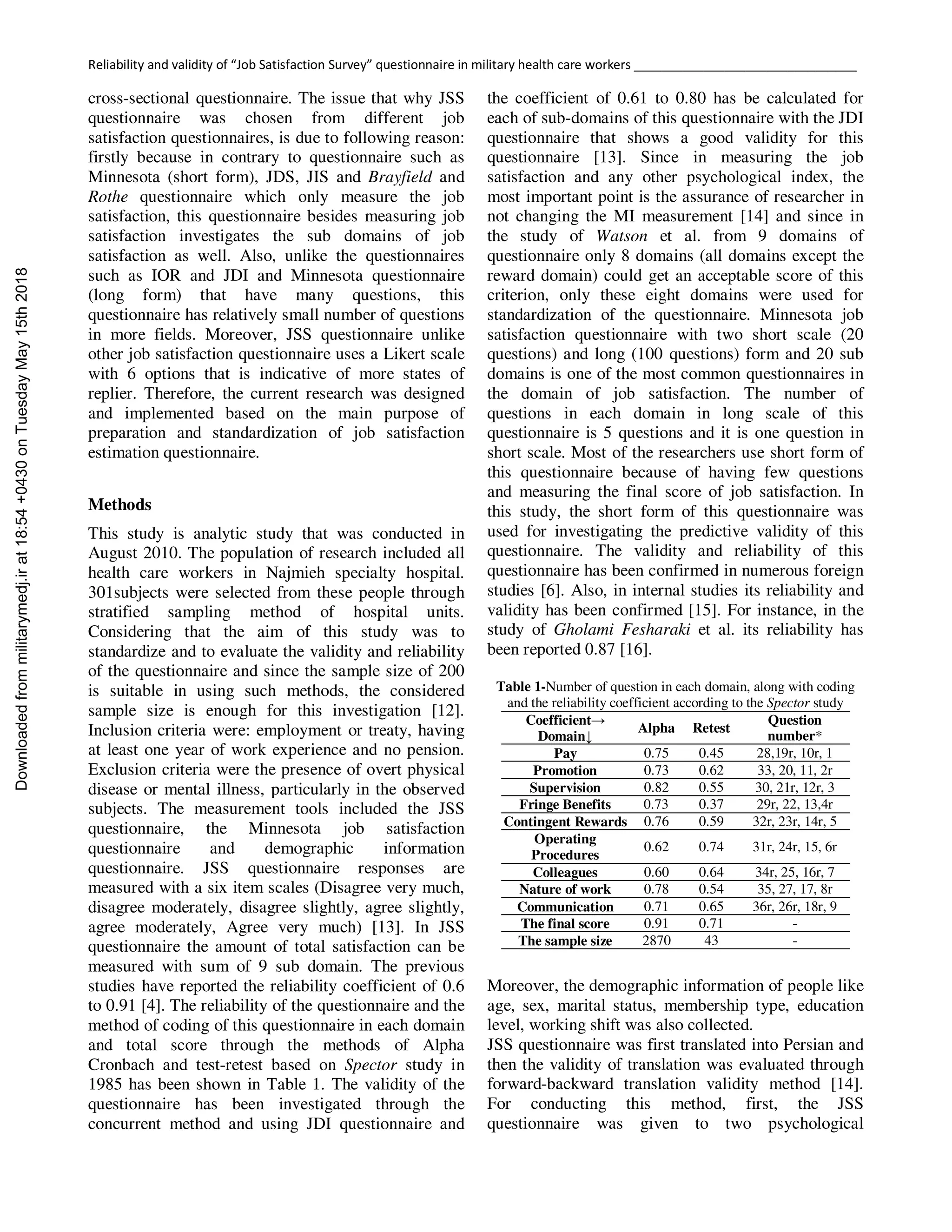 Reliability and validity of jss questionnaire | PDF