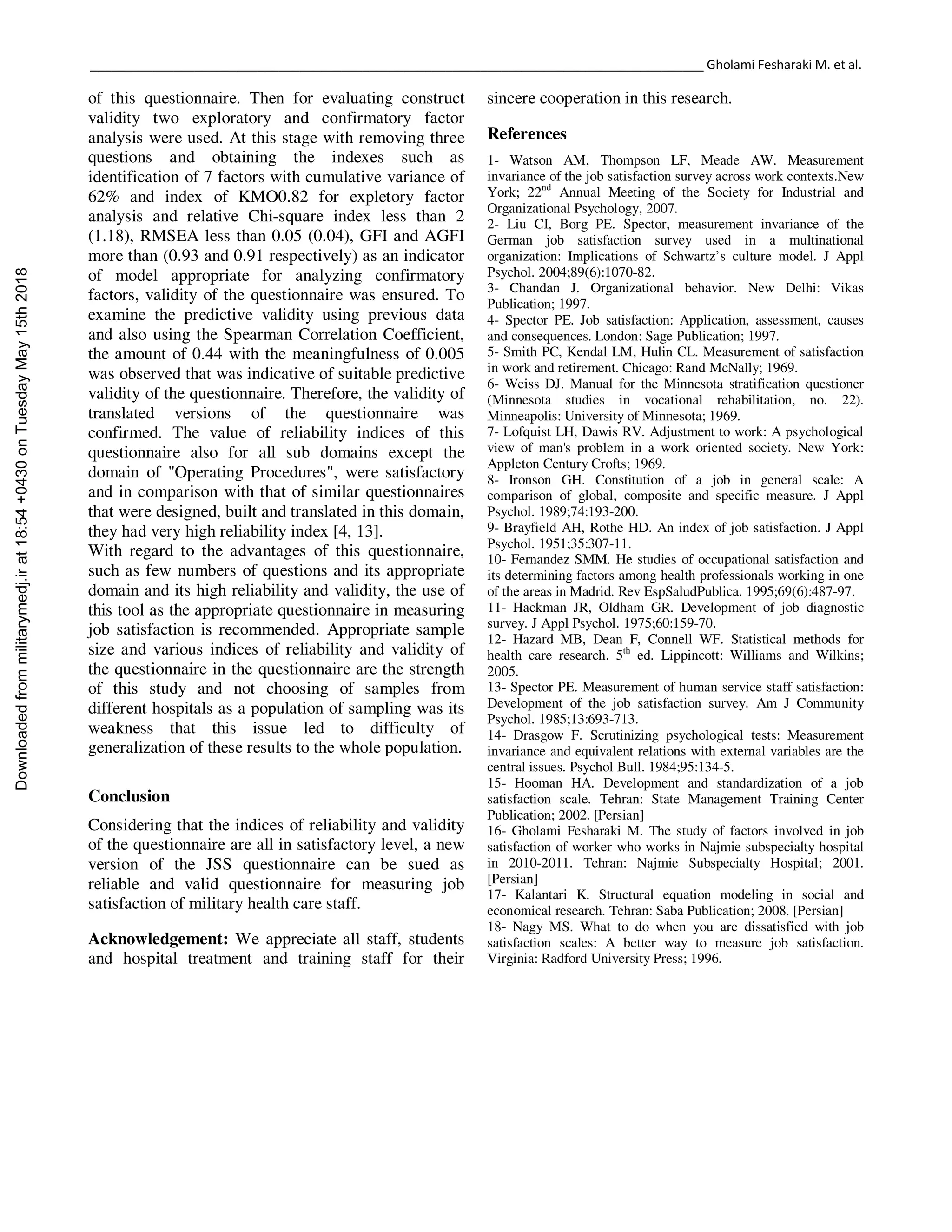 Reliability and validity of jss questionnaire | PDF
