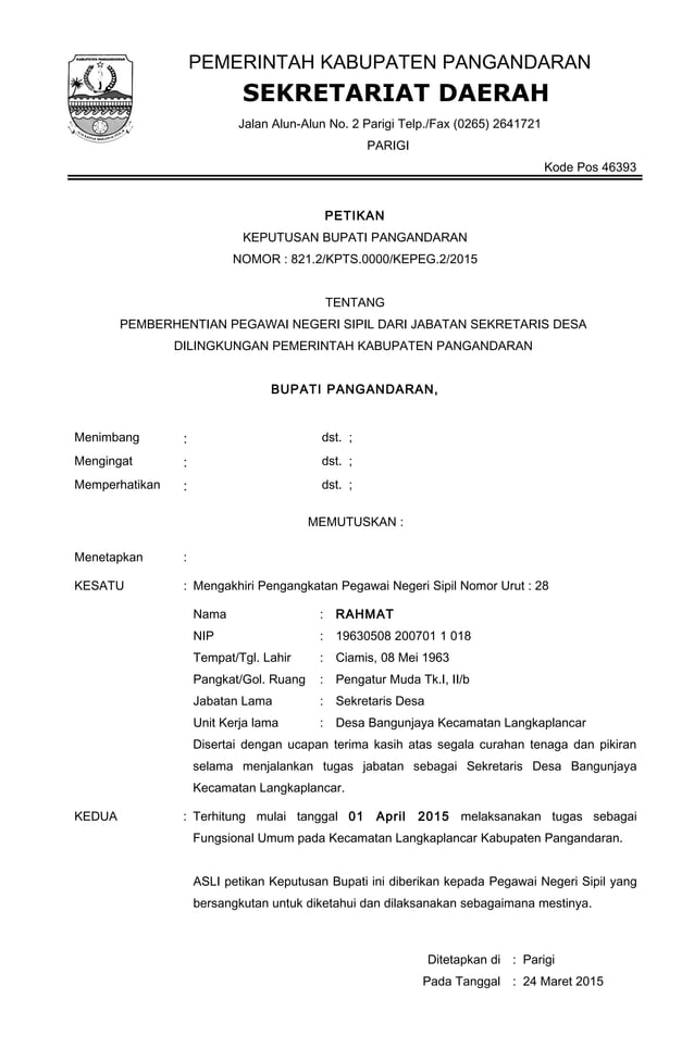 Kpts. petikan pemberhentian sexdes 2015 Kabupaten Pangandaran | PDF