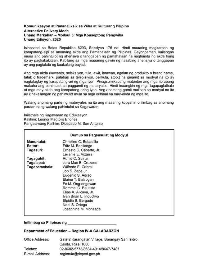 KPWKP_Q1_Module5 Una, Pangalawang Wika, Linggwistikong Komunidad.pdf