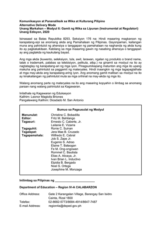 KPWKP_Q1_Module6 Gamit ng Wika sa Lipunan (Instrumental at Regulatori).pdf