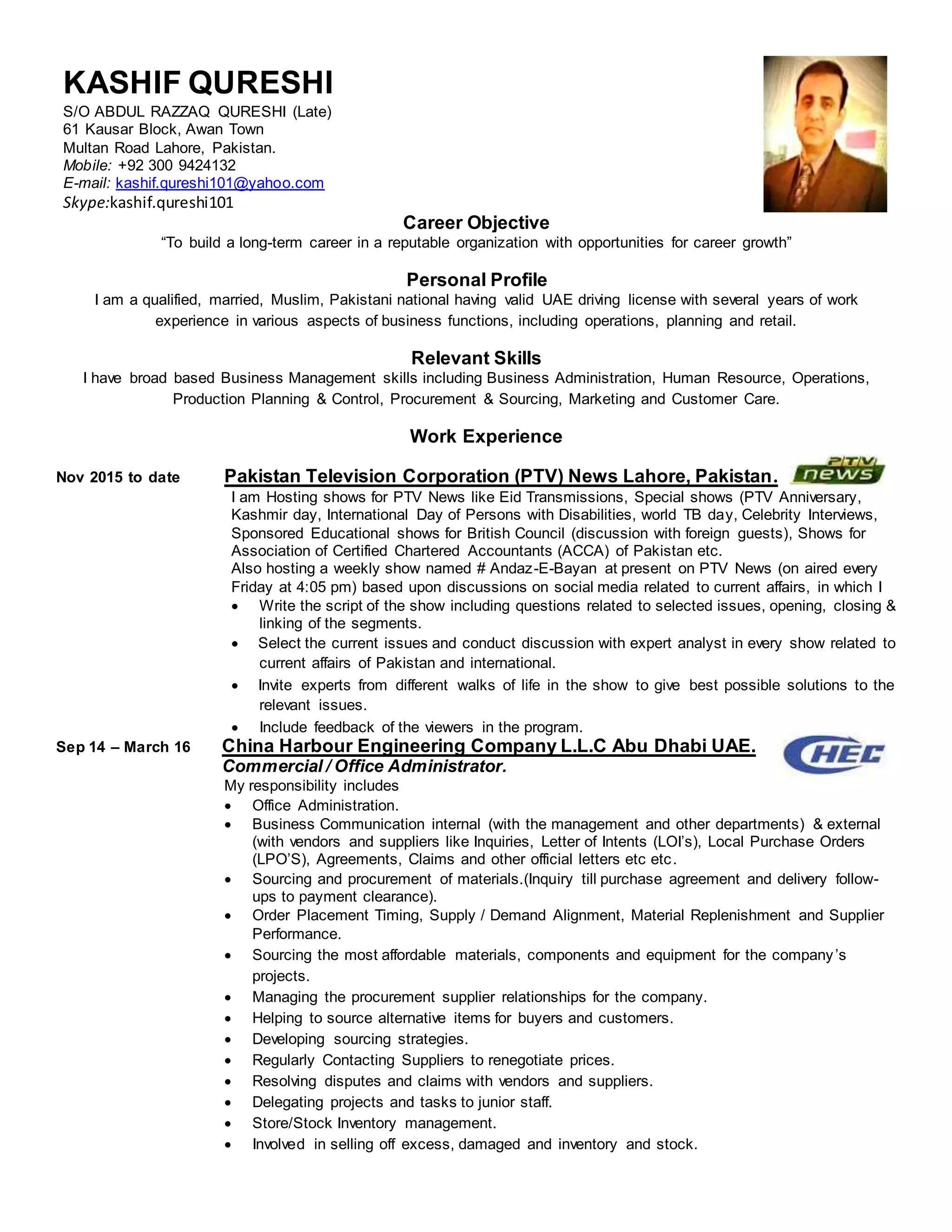CV / Personal Profile/ Kashif Qureshi | DOCX | Career Planning | Careers