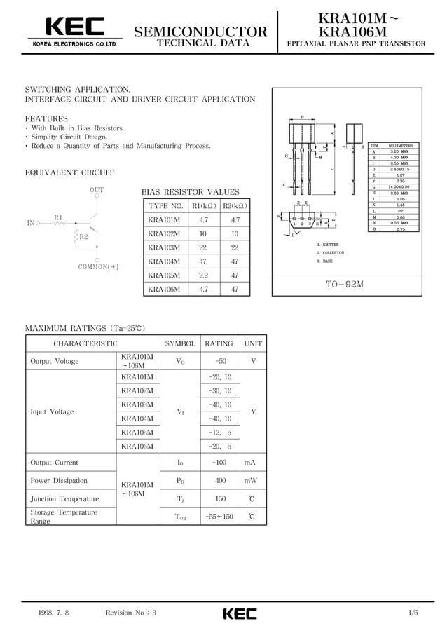 Original PNP Transistor KRA102 KRA102M A102 102 TO-92 New KEC | PDF