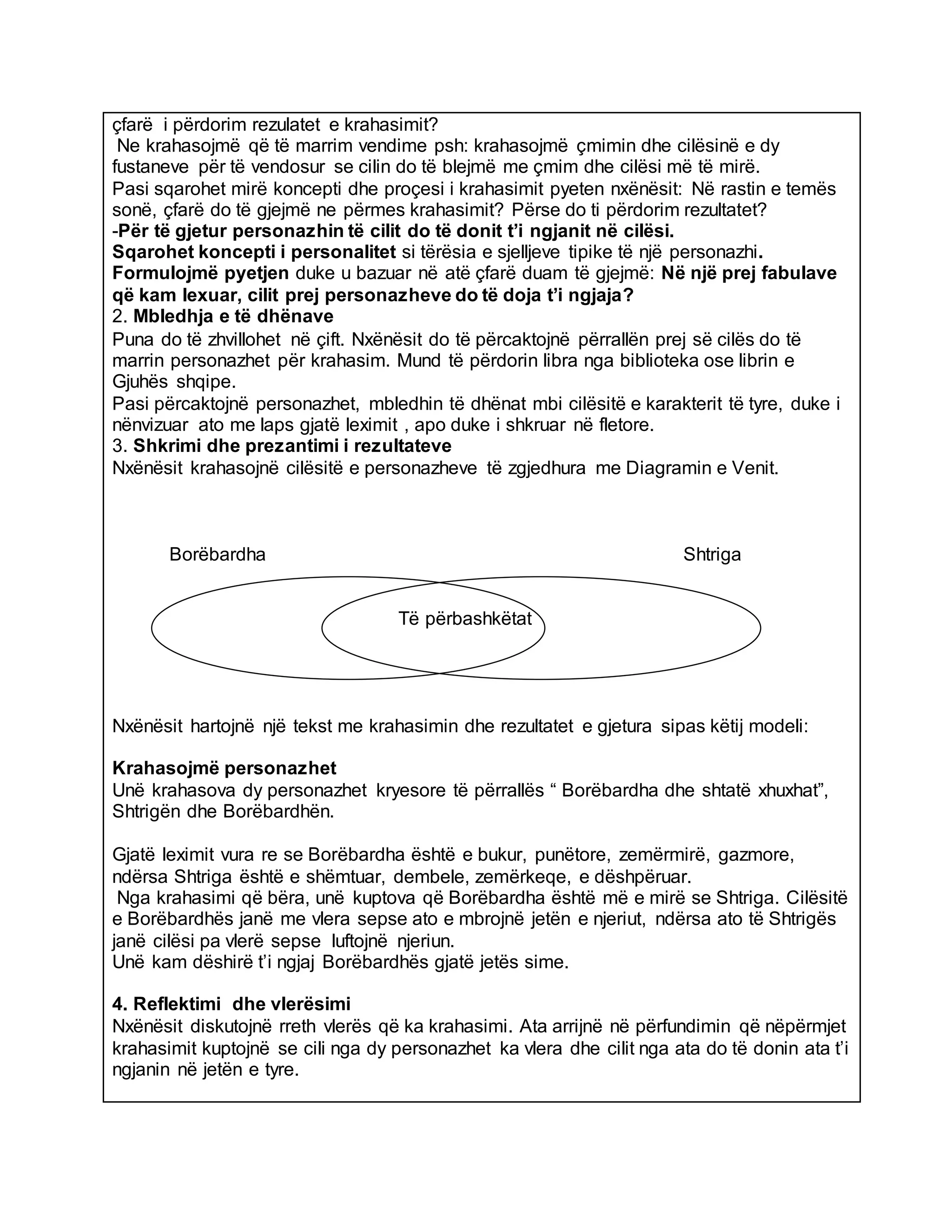 Planifikim mesimi ne Gjuhe shqipe 2, bazuar ne kompetenca "Krahasojme ...