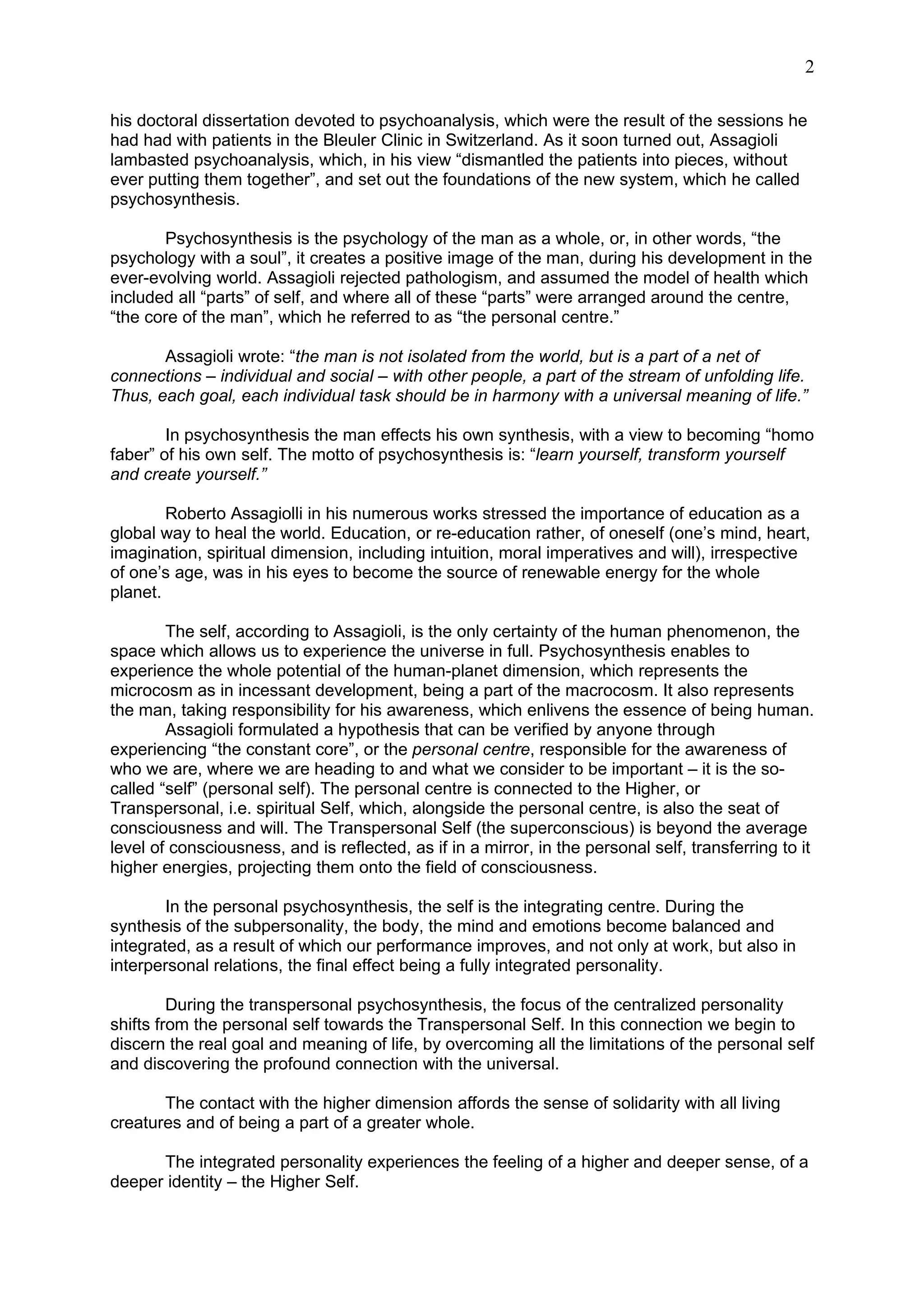 The Vision of Wholeness from the Viewpoint of Psychosynthesis | DOC