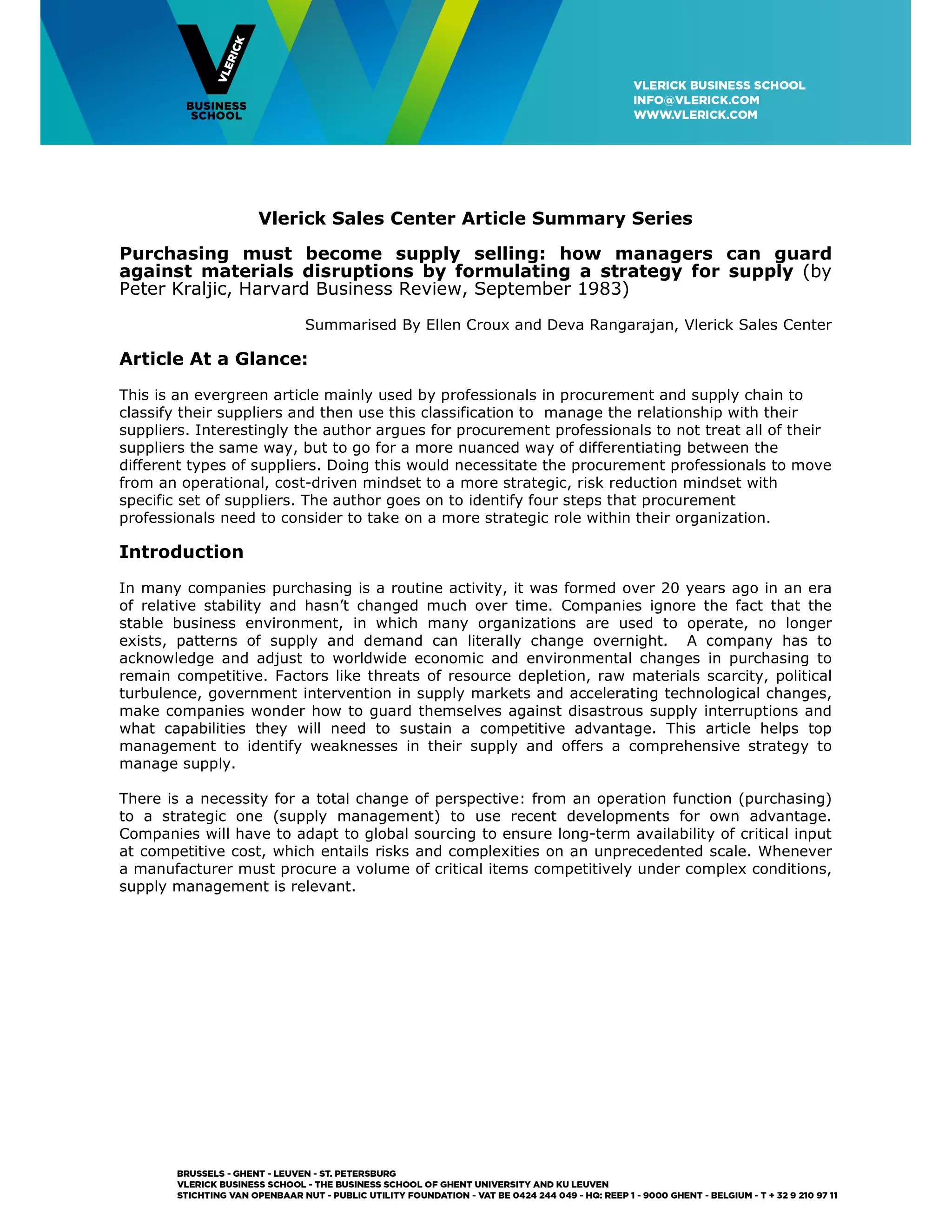 Kraljic matrix of procurement | PDF