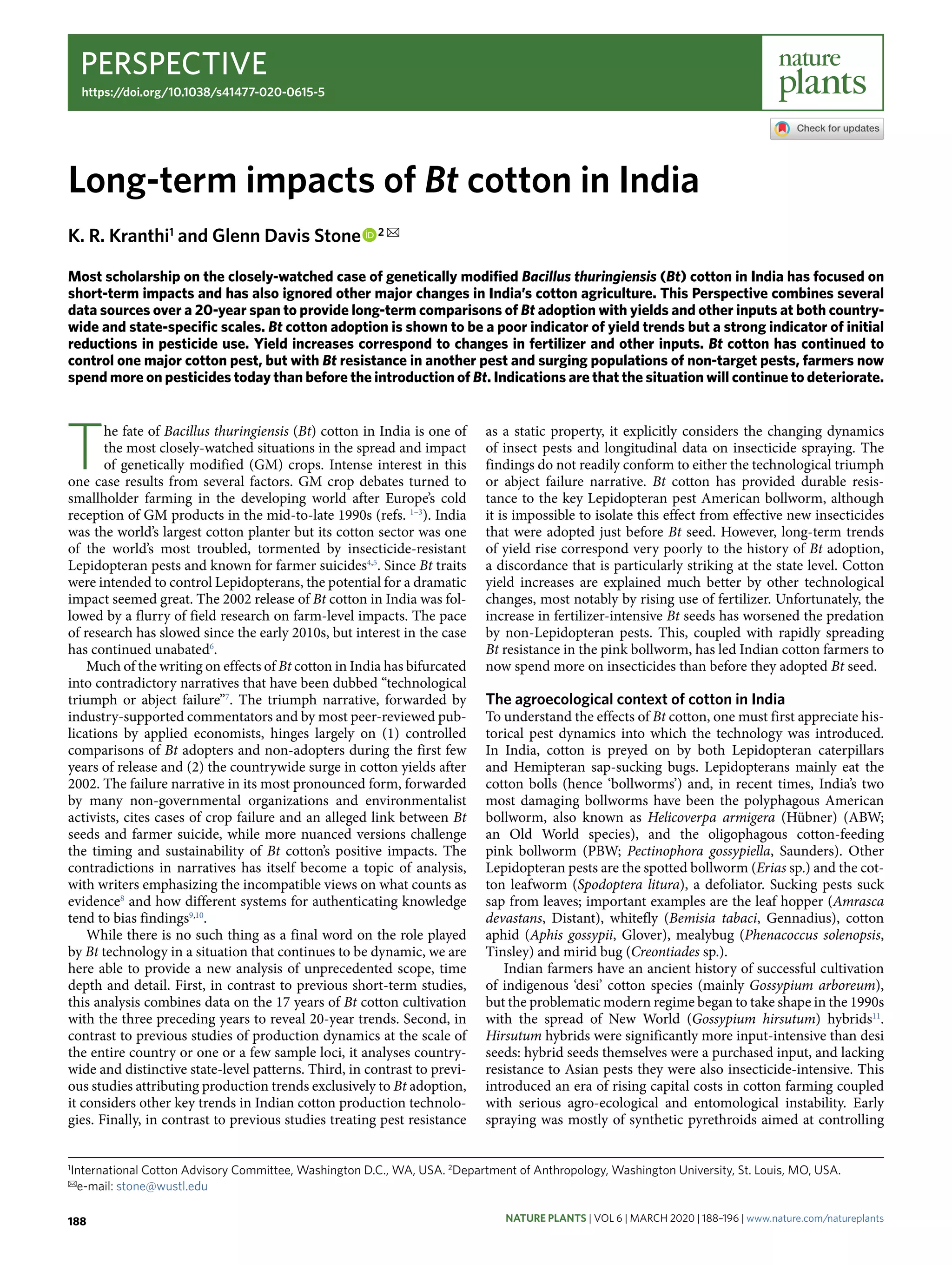 Kranthi and Stone - 2020 - Long-term impacts of Bt cotton in India.pdf