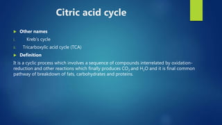 Krebs cycle- significance,steps,energetics,inhibitors,amphibolic | PPTX