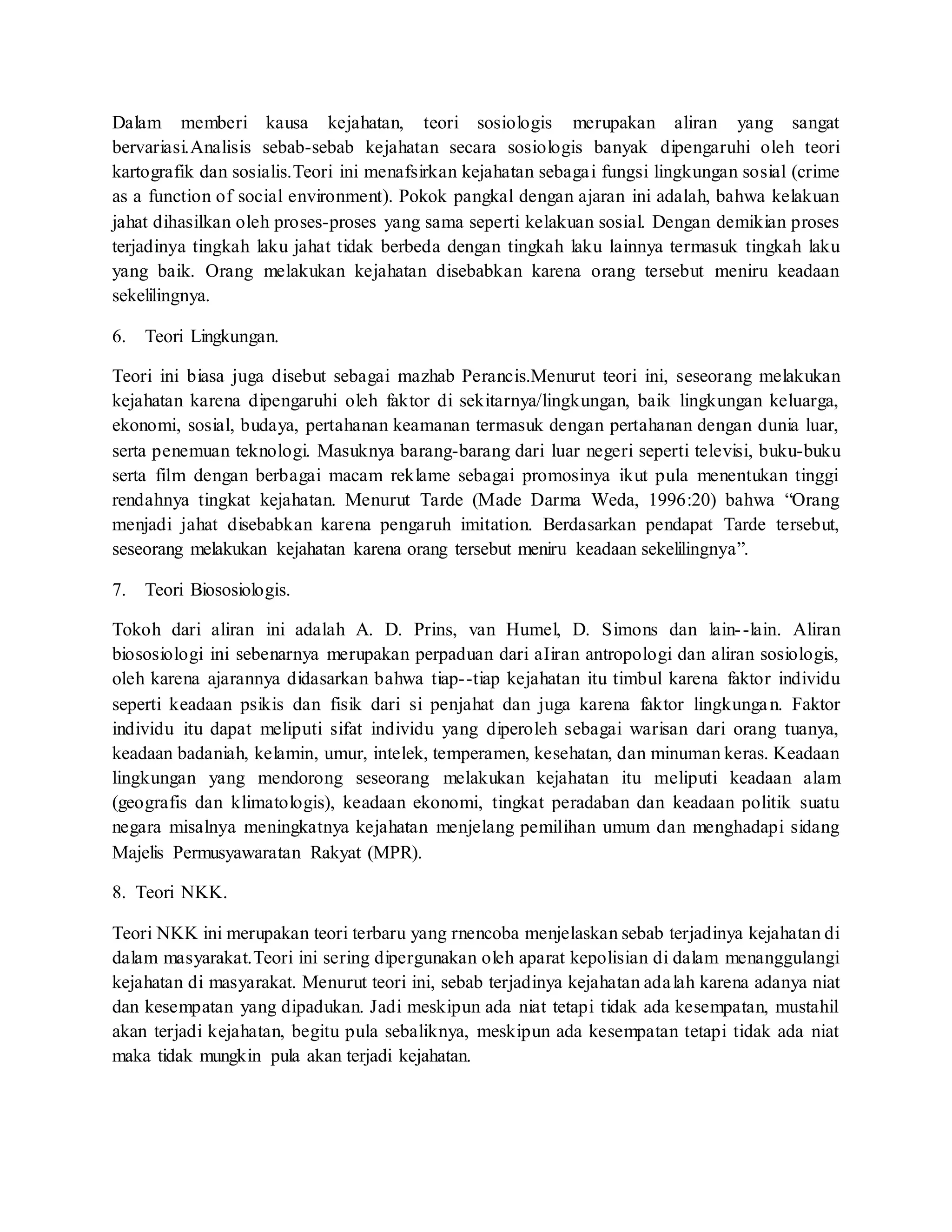 Kriminologi Tugas Teori2 Sebab Kejahatan | DOC