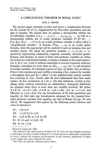 Kripke s. a completeness theorem in modal logic | PDF | Physics | Science