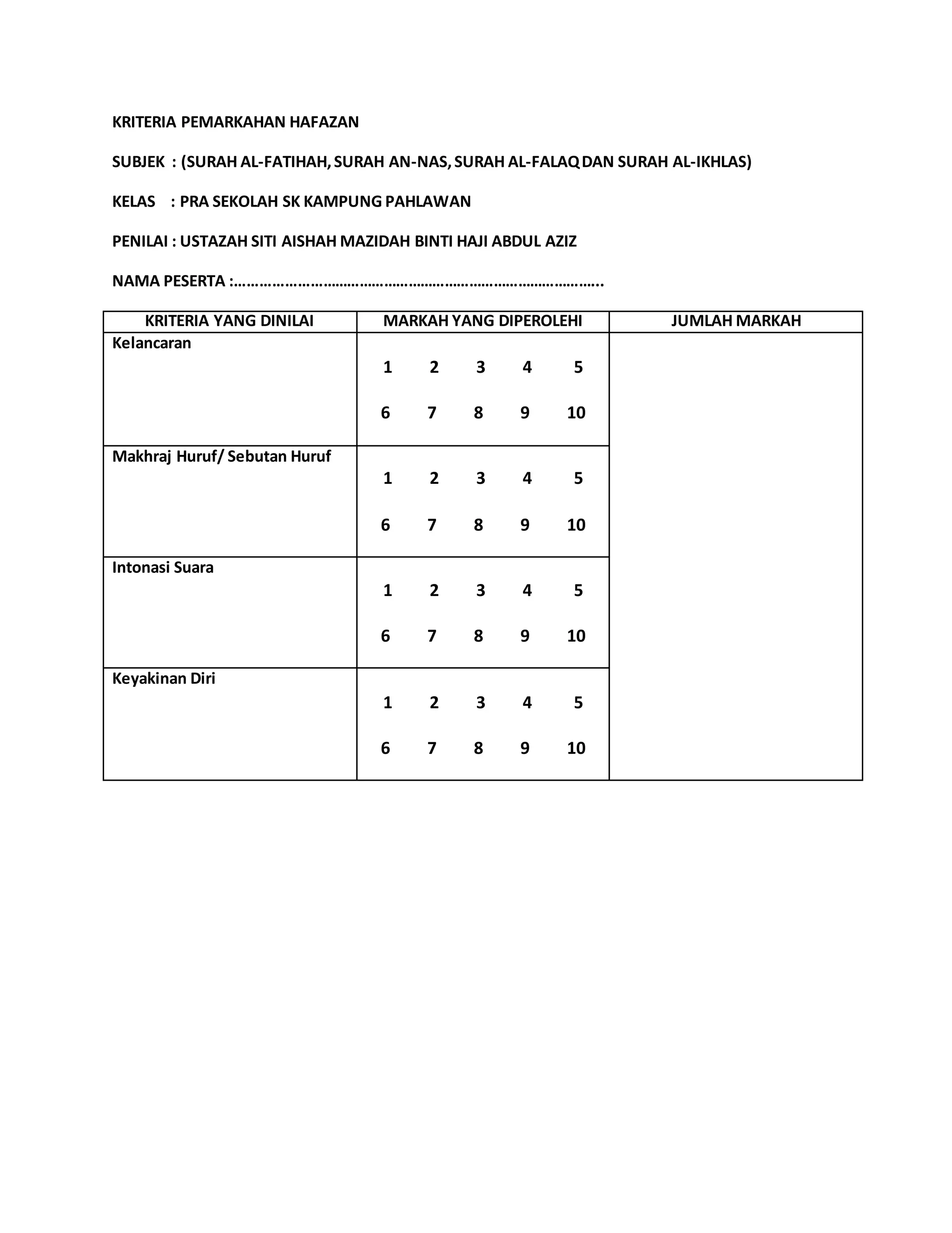 borang pemarkahan hafazan pra sekolah | DOCX